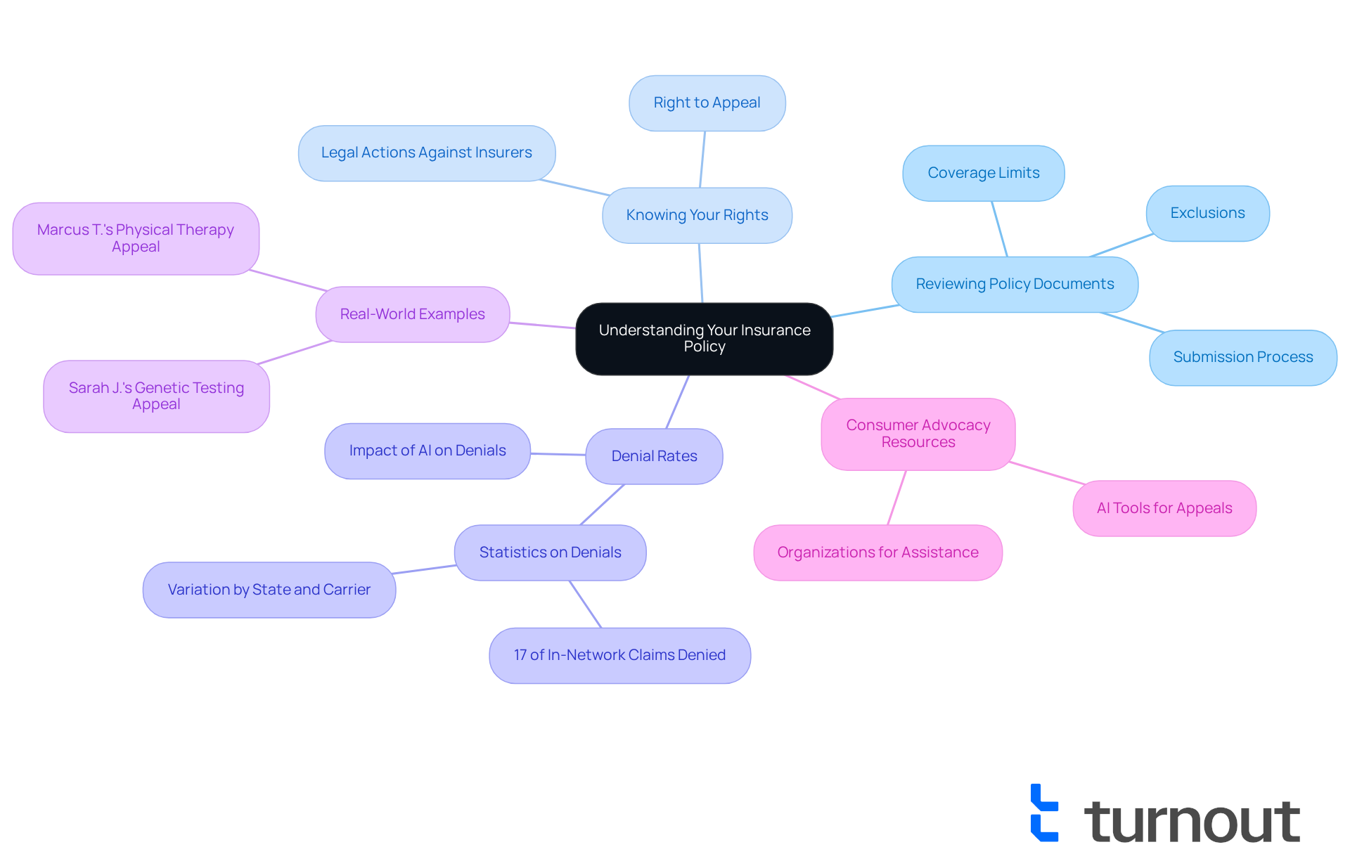 The center represents the main theme of understanding insurance policies. Each branch highlights a key area related to this theme, and sub-branches provide additional details and examples, helping you see how everything connects.