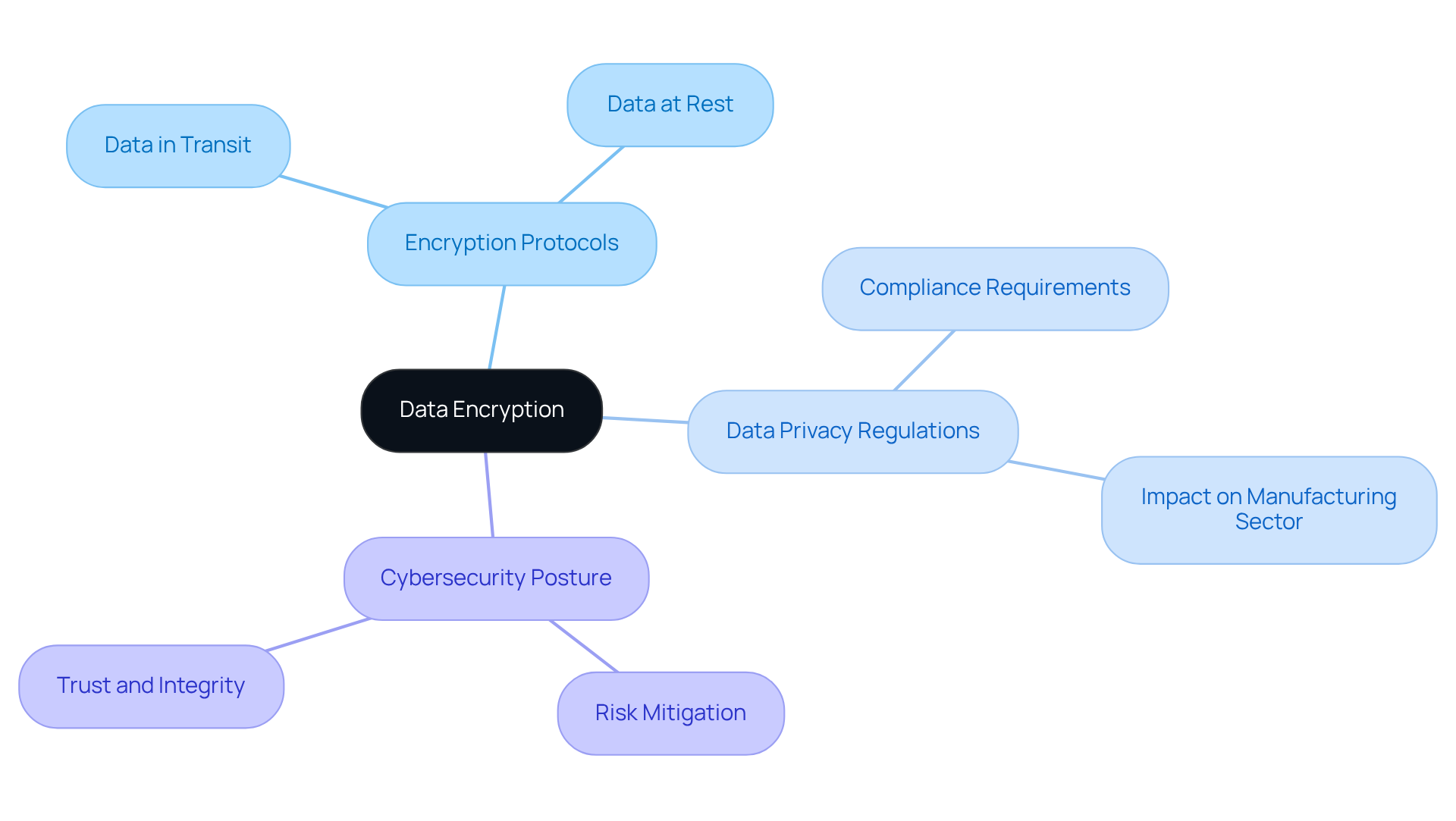 Begin at the center with the main idea of data encryption, then explore each branch to understand key areas of focus and how they relate to protecting sensitive information.