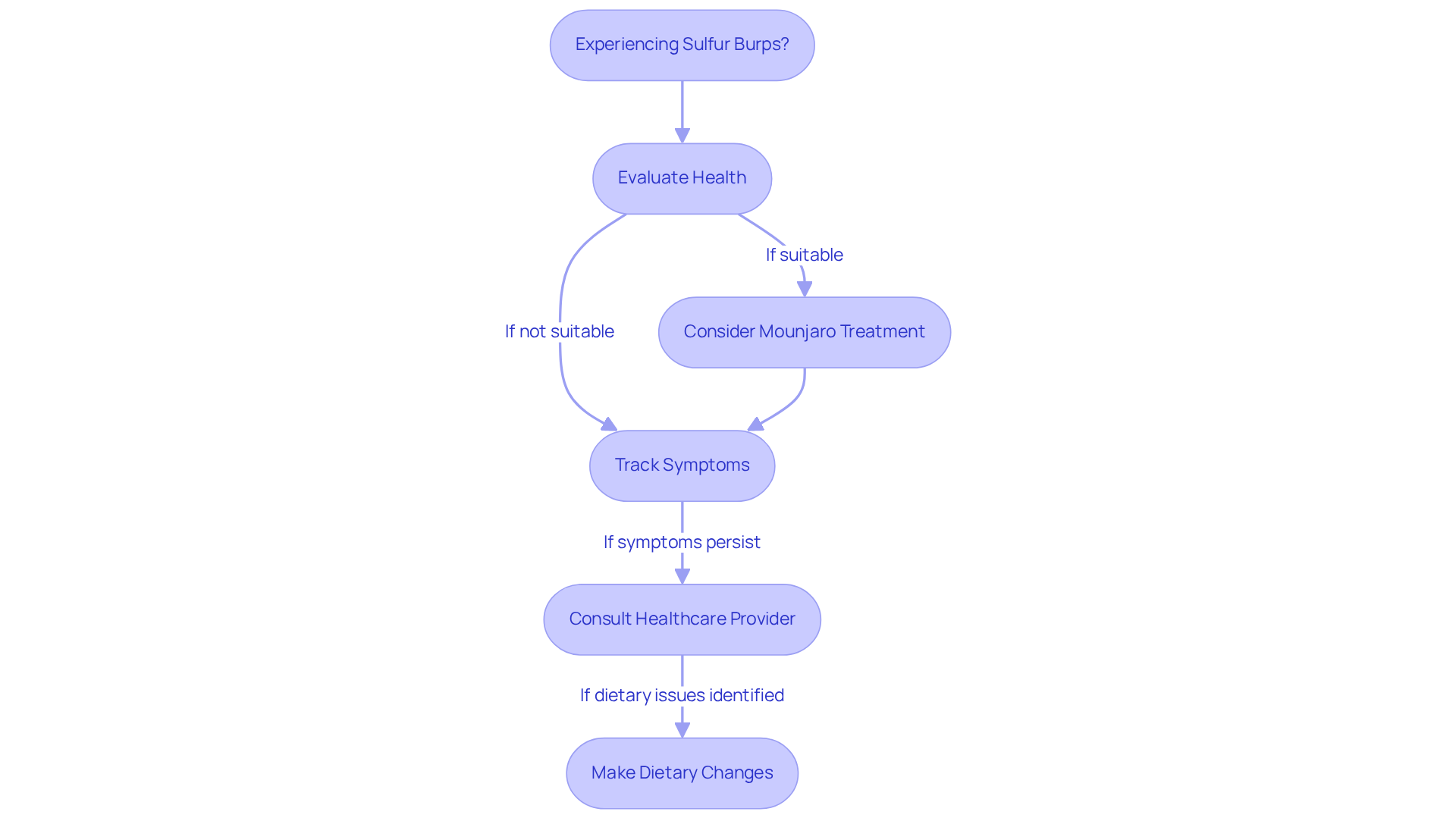 This flowchart guides you through understanding and managing sulfur burps. Start at the top and follow the arrows to see what steps to take if you're experiencing this issue. Each box represents a key action or consideration to help you address your symptoms effectively. This flowchart guides you through understanding and managing sulfur burps. Start at the top and follow the arrows to see what steps to take if you're experiencing this issue. Each box represents a key action or consideration to help you address your symptoms effectively.
