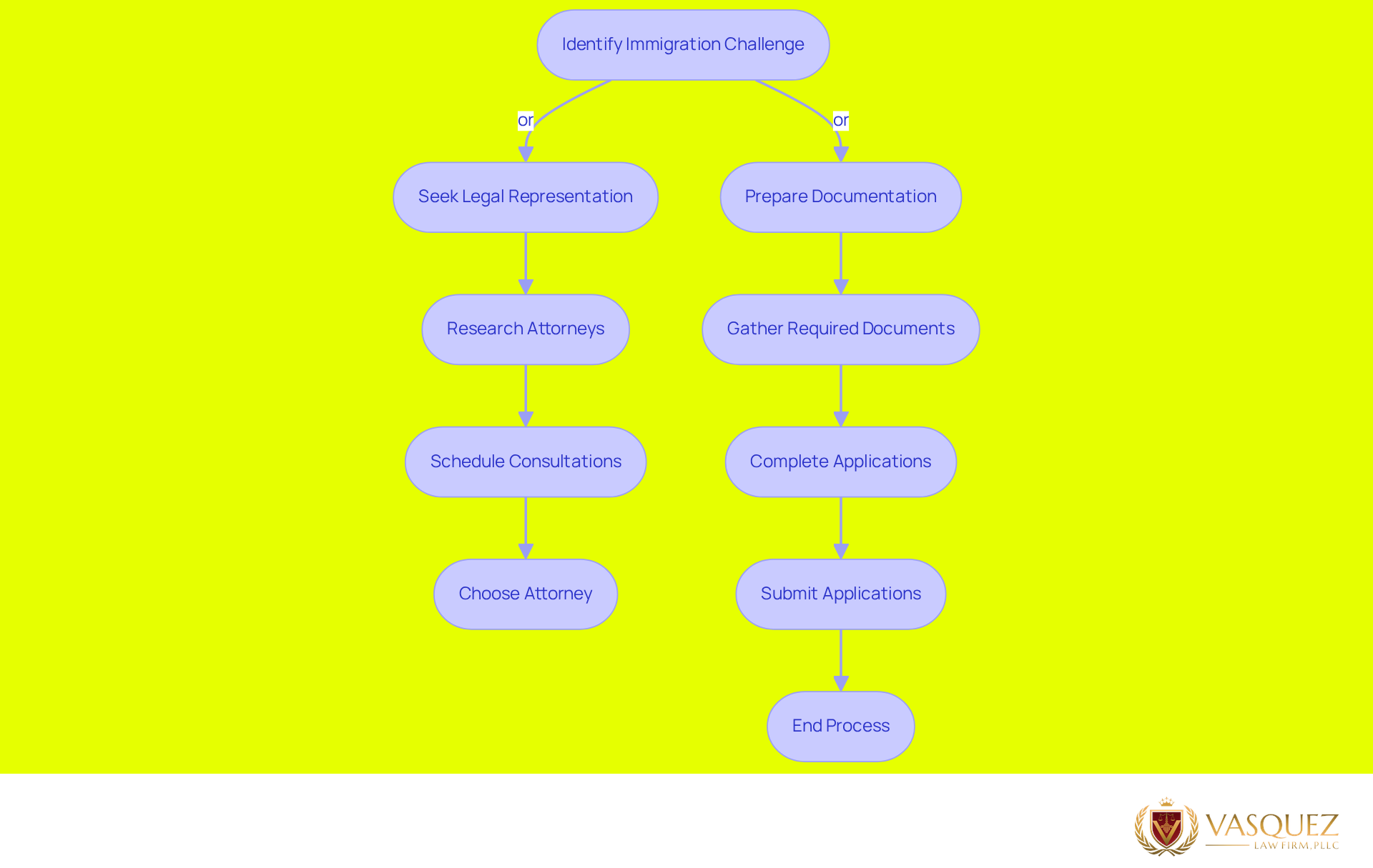This flowchart guides you through the process of handling immigration challenges. Start by identifying your challenge, then decide whether to seek legal help or prepare your documents. Each step leads you closer to resolving your immigration case with the right support.