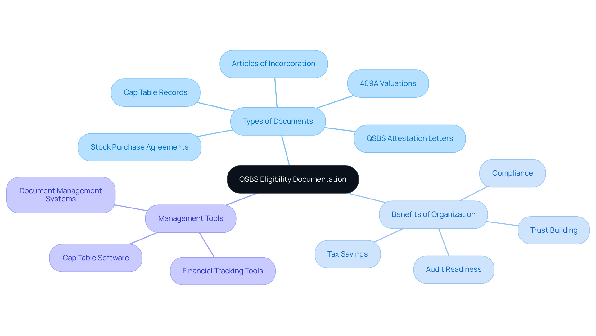 This mindmap shows the essential documents and strategies for proving QSBS eligibility. Start at the center with the main topic, then explore the branches to see what documents you need, why organization matters, and how to manage your records effectively. This mindmap shows the essential documents and strategies for proving QSBS eligibility. Start at the center with the main topic, then explore the branches to see what documents you need, why organization matters, and how to manage your records effectively.