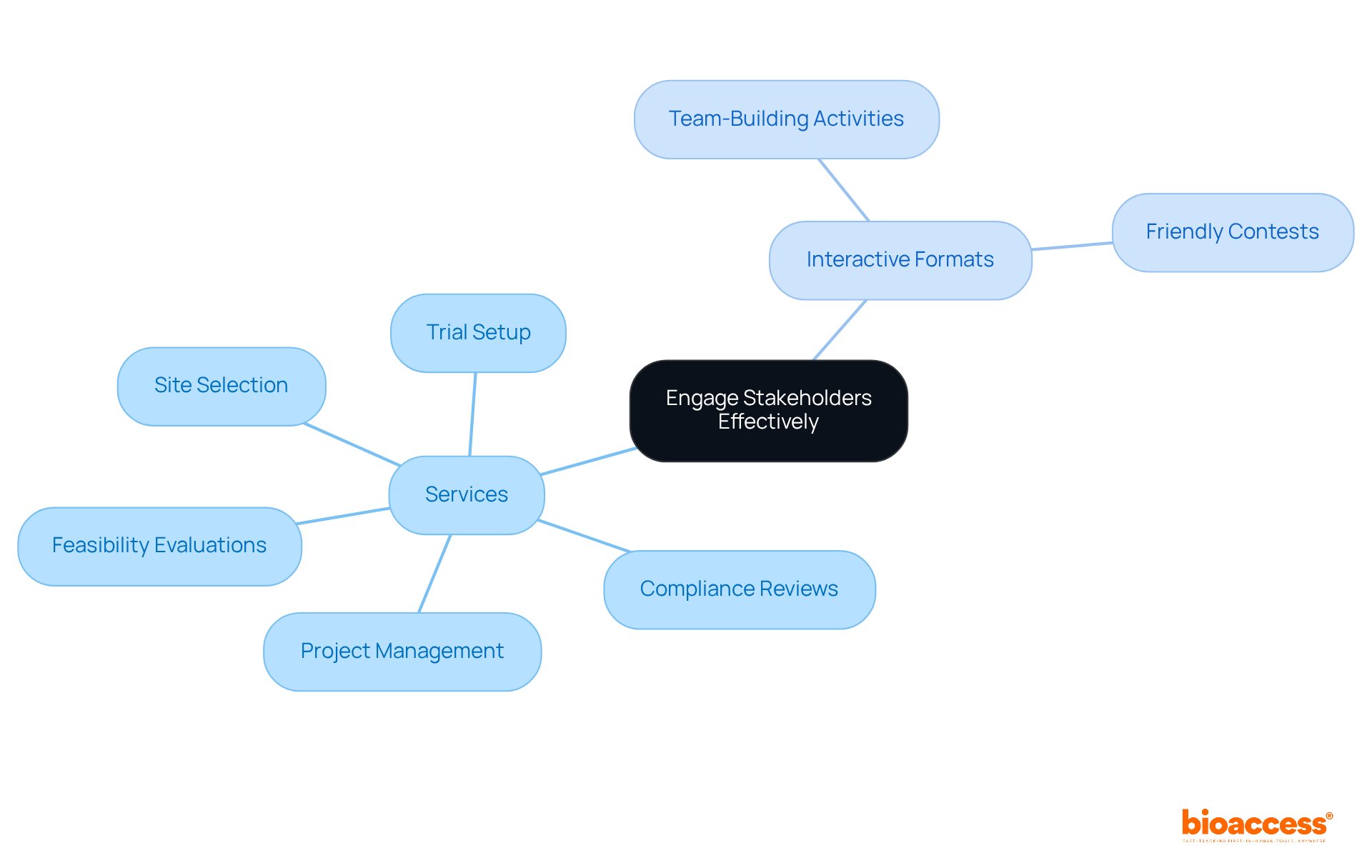 The center represents the main goal of engaging stakeholders, with branches showing the services offered and interactive formats that can enhance participation and collaboration.