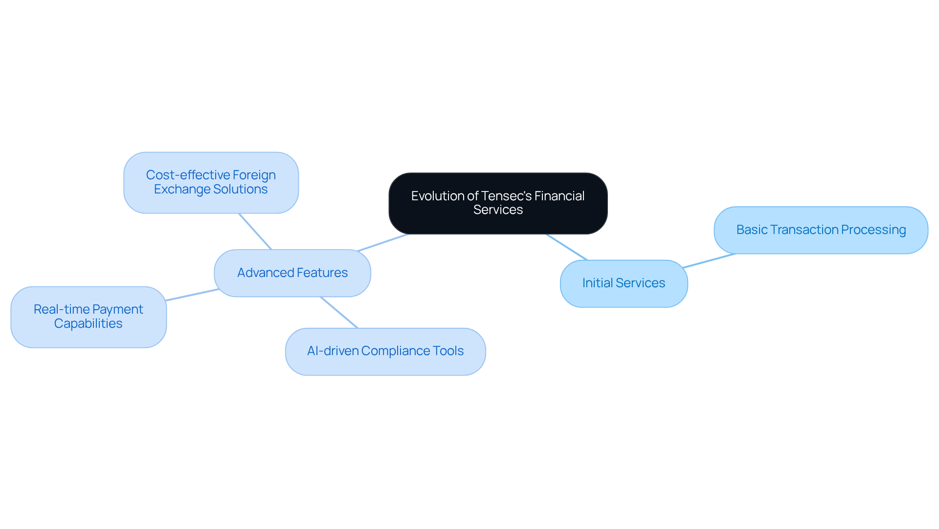The central node represents the overall evolution of services, while the branches show how the company has expanded its offerings. Each advanced feature is a step in this evolution, illustrating the company's response to market demands.