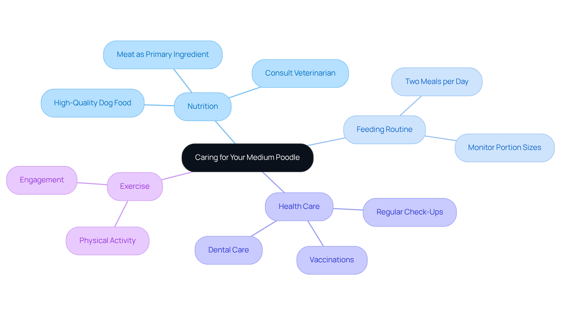 The central idea represents your commitment to your poodle's well-being. Each branch highlights a key area of care, with further details to guide you on how to provide the best for your furry friend.