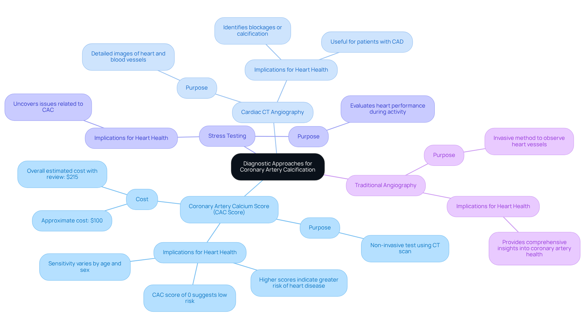 The central node represents the overall topic, while each branch shows a different diagnostic method. Sub-branches provide additional details about each method, helping you understand their significance in assessing heart health.