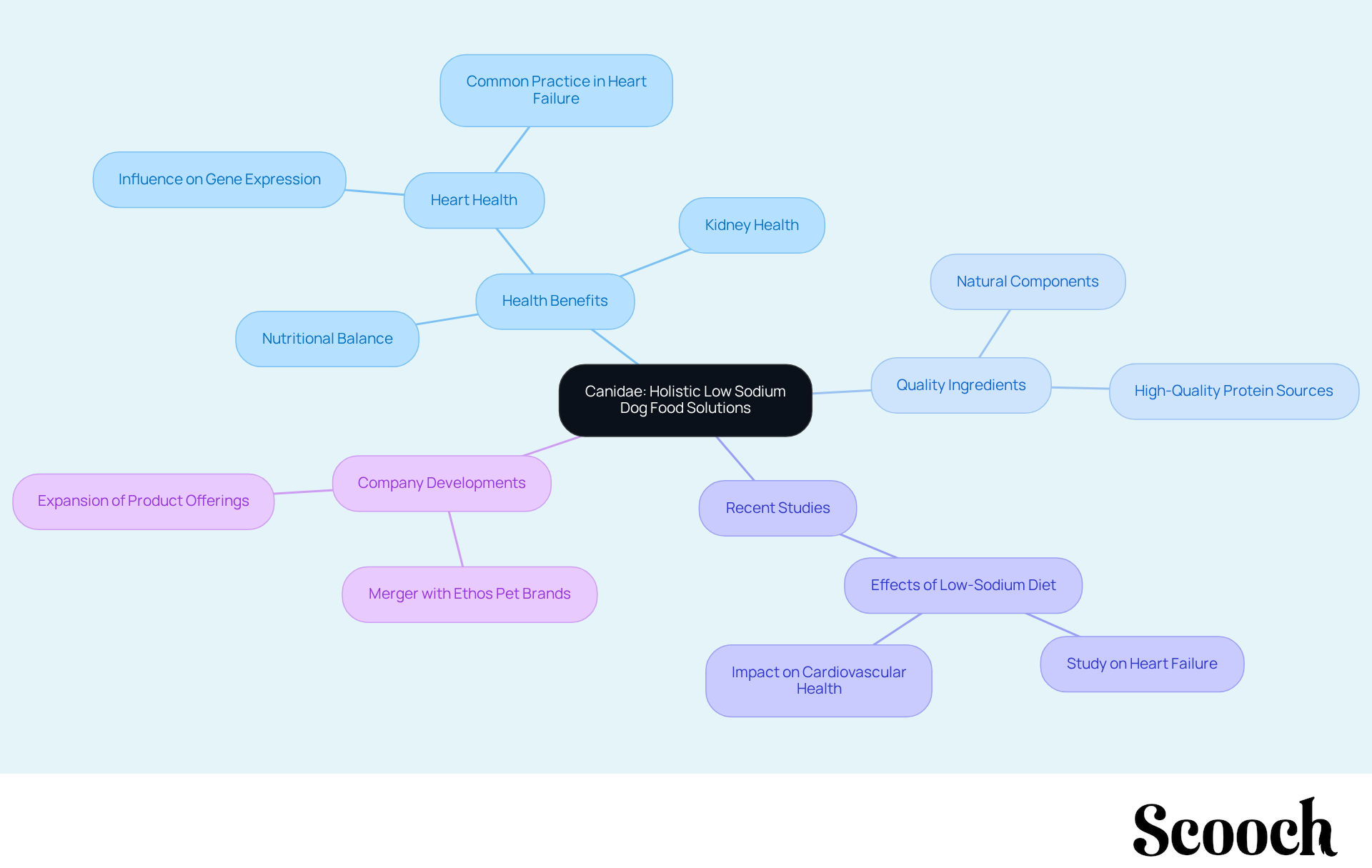 The central node represents Canidae's focus on low sodium dog food. Each branch highlights important aspects of their offerings, showing how they contribute to your dog's health and well-being. The central node represents Canidae's focus on low sodium dog food. Each branch highlights important aspects of their offerings, showing how they contribute to your dog's health and well-being.