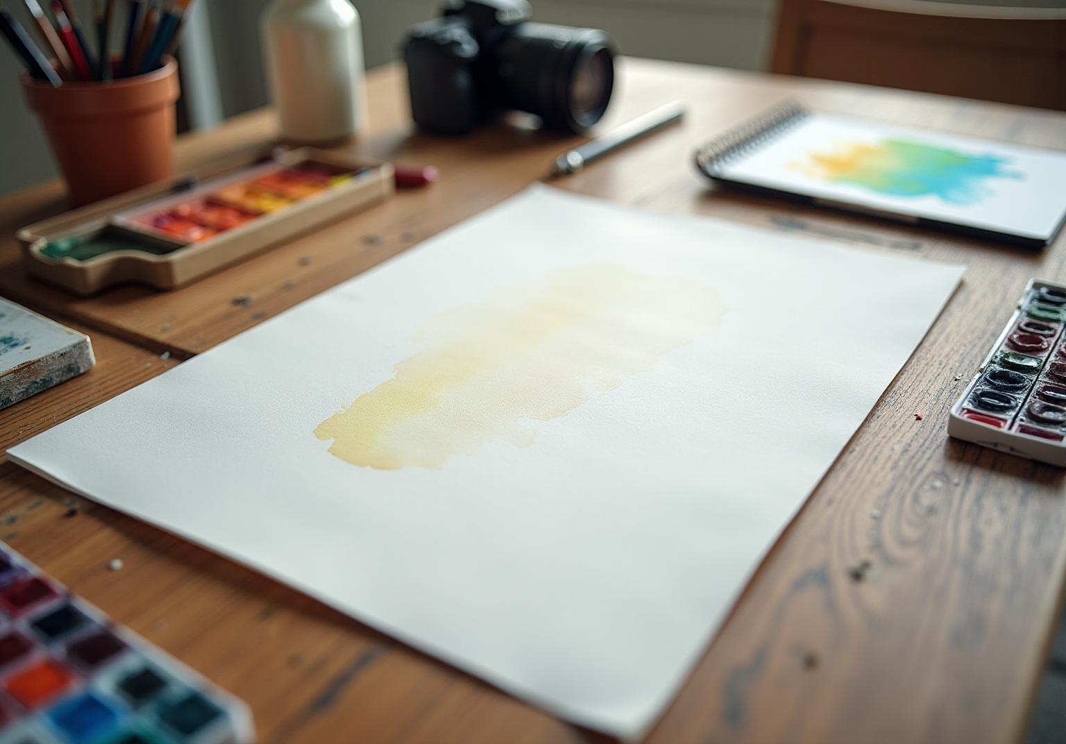 Premium Watercolor Paper in an Artist's Workspace Premium Watercolor Paper in an Artist's Workspace