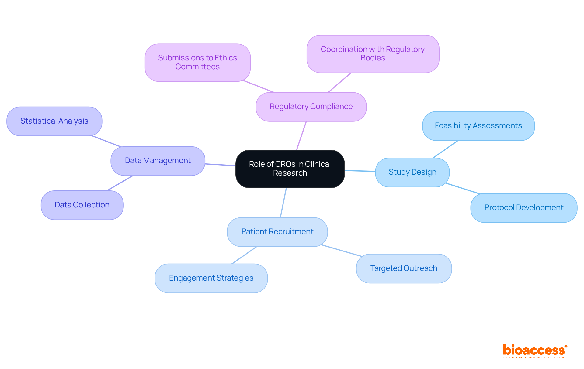 The central node represents the overall role of CROs, while the branches show their specific responsibilities. Each color-coded branch helps you quickly identify different areas of focus within the CRO's role.