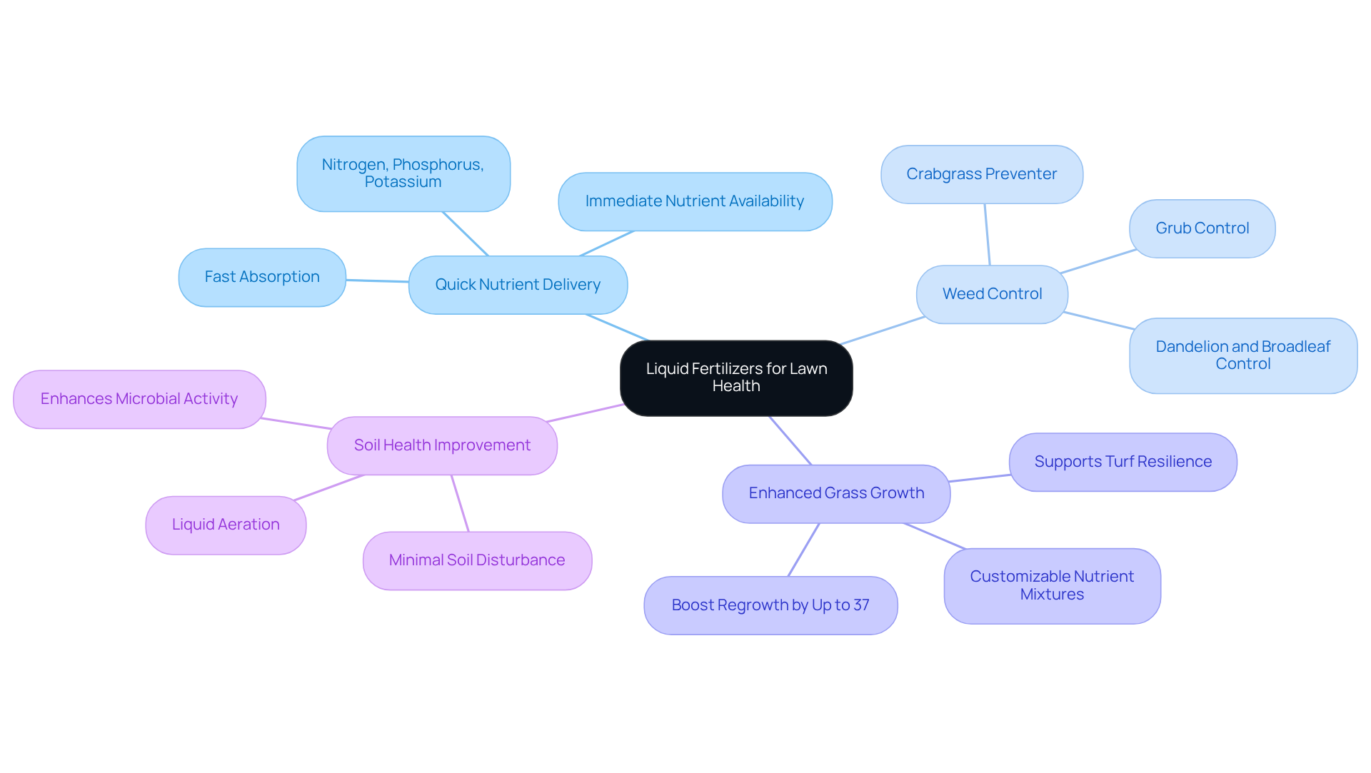 The central node represents liquid fertilizers, while the branches show the various benefits they provide. Each sub-branch gives more detail about specific features, helping you understand how these fertilizers can improve your lawn.
