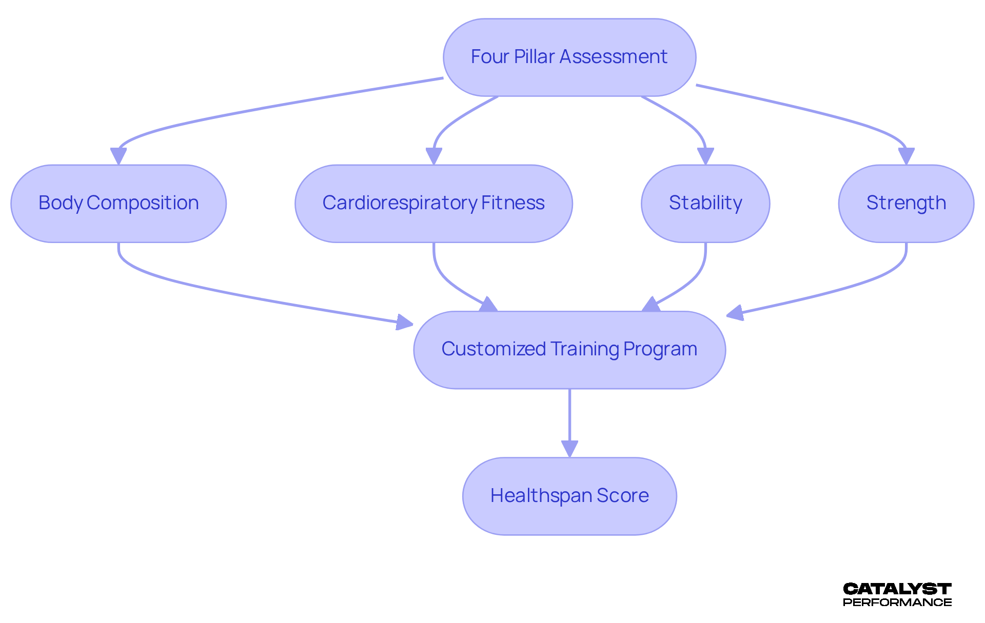 This flowchart shows how the Four Pillar Assessment leads to a tailored training program. Each box represents a step in the process, guiding you from assessment to achieving your health goals. This flowchart shows how the Four Pillar Assessment leads to a tailored training program. Each box represents a step in the process, guiding you from assessment to achieving your health goals.
