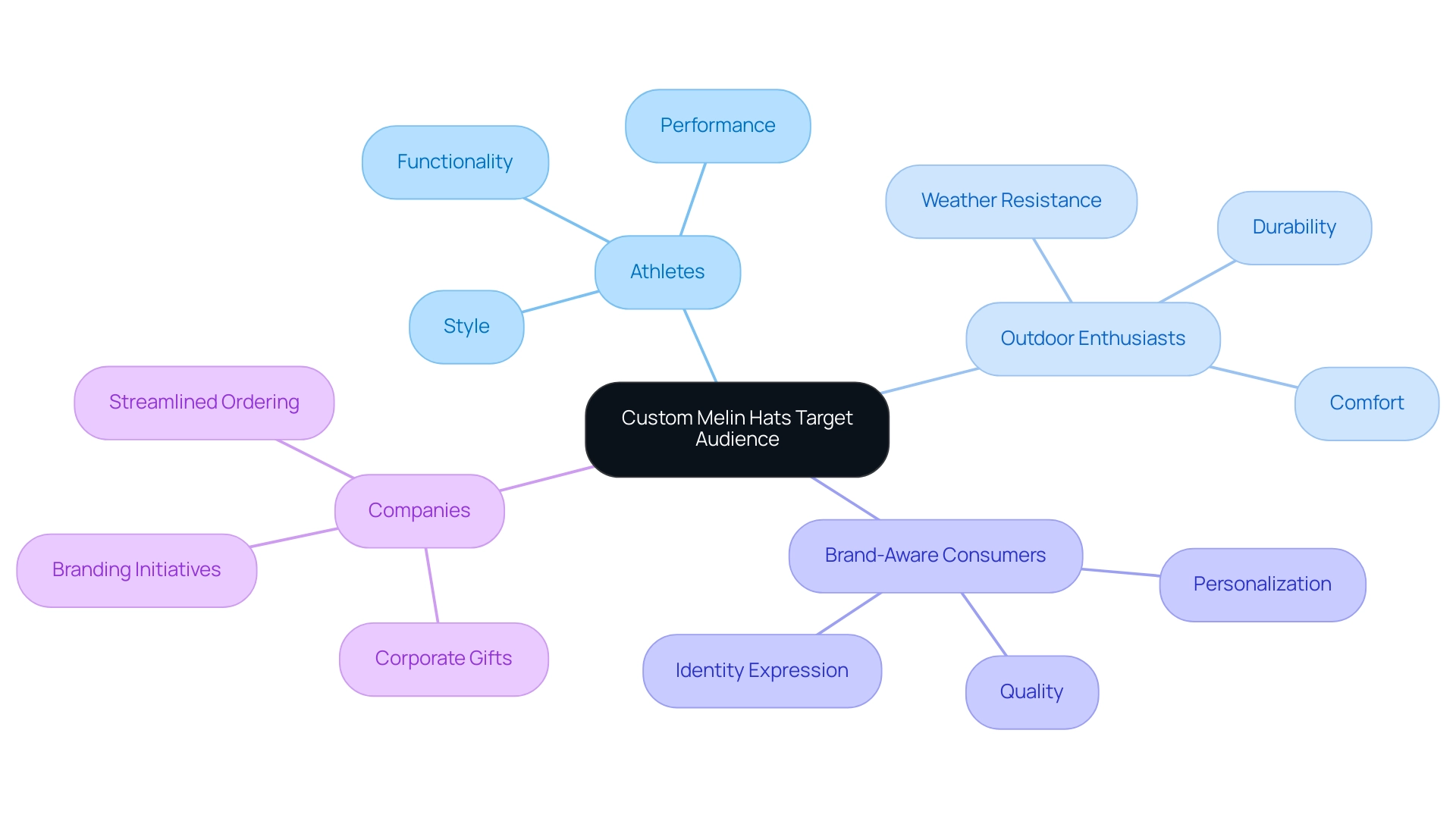 Each node represents a consumer segment, with sub-nodes detailing specific attributes or motivations related to custom melin hats.