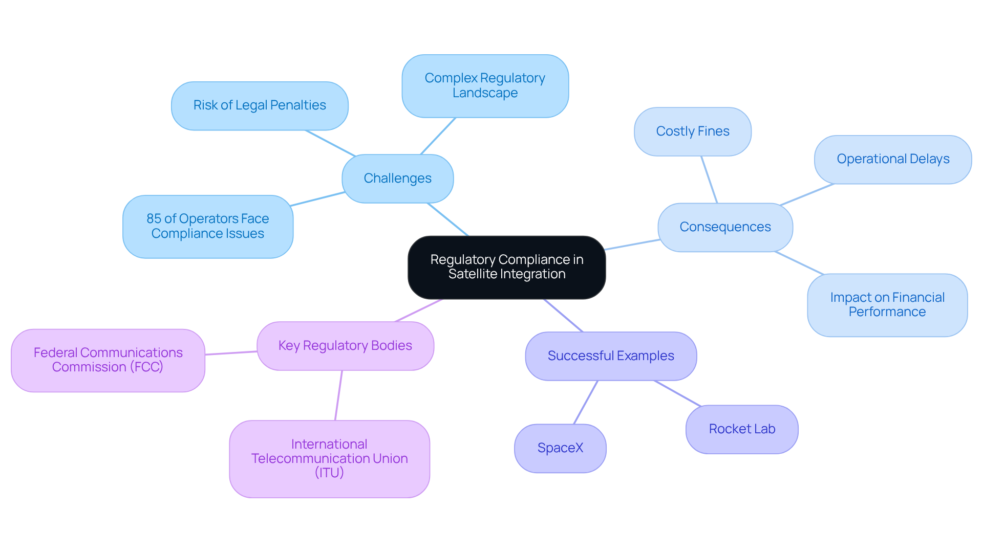 The center represents the main theme of regulatory compliance, with branches showing related challenges, consequences, and examples of companies that have successfully navigated these regulations.