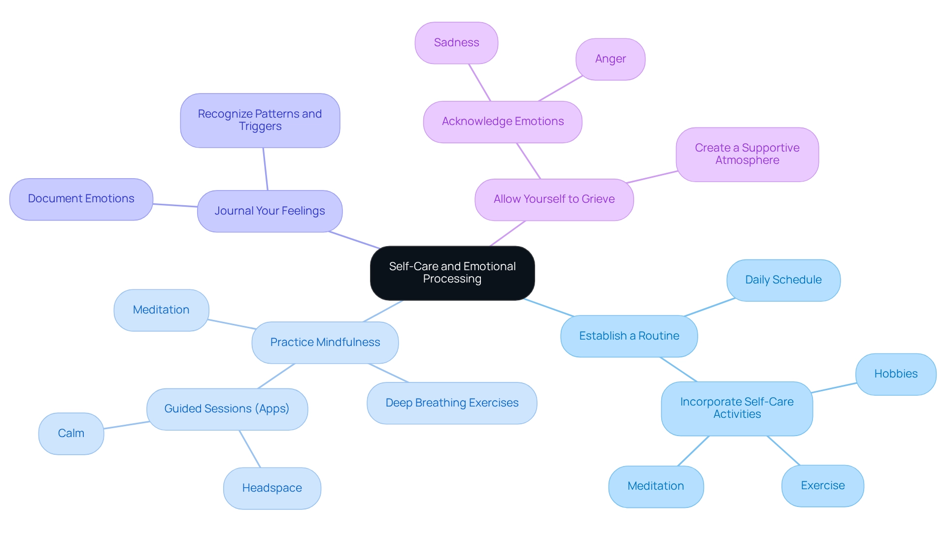 The center highlights the overarching theme of self-care, while the branches represent different techniques that aid in emotional processing. Each technique is a tool to help you on your healing journey.