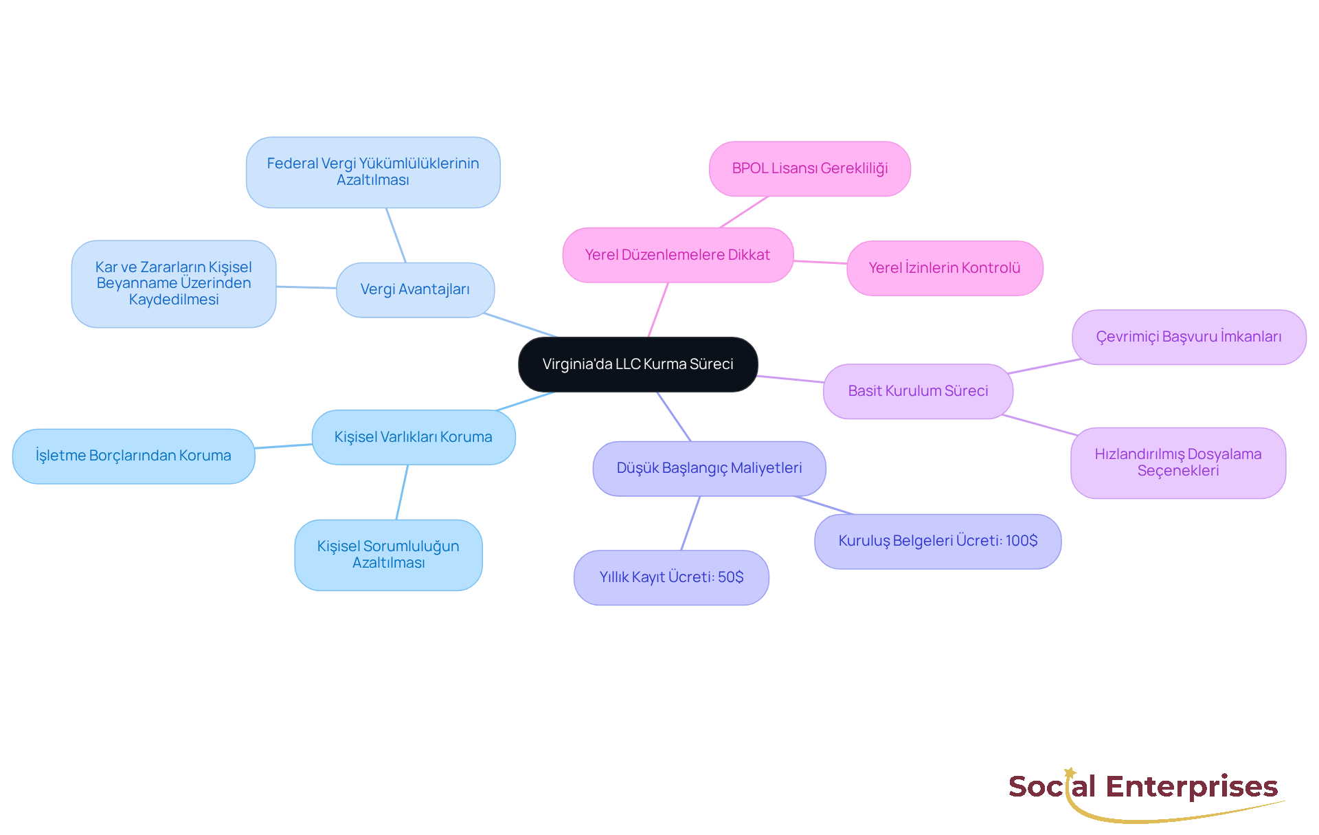 Merkezde LLC kurma sürecinin genel başlığı var. Dallara ayrılan kısımlar, LLC'nin sağladığı farklı avantajları temsil ediyor. Her dalda, bu avantajlarla ilgili daha fazla bilgi ve örnekler bulabilirsiniz.