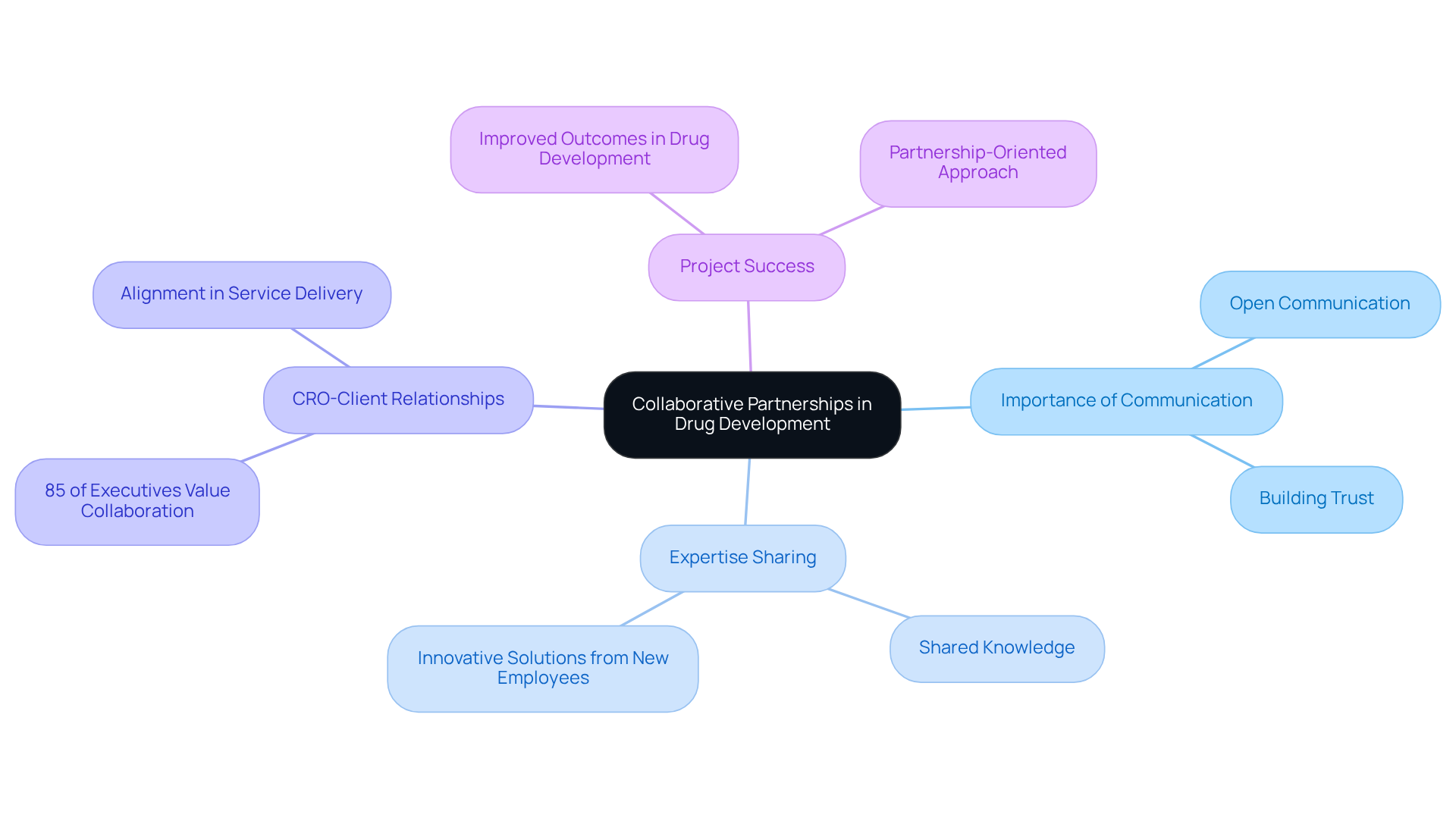 The central idea focuses on collaborative partnerships. Follow the branches to see how communication, expertise, and relationships contribute to successful drug development. The central idea focuses on collaborative partnerships. Follow the branches to see how communication, expertise, and relationships contribute to successful drug development.