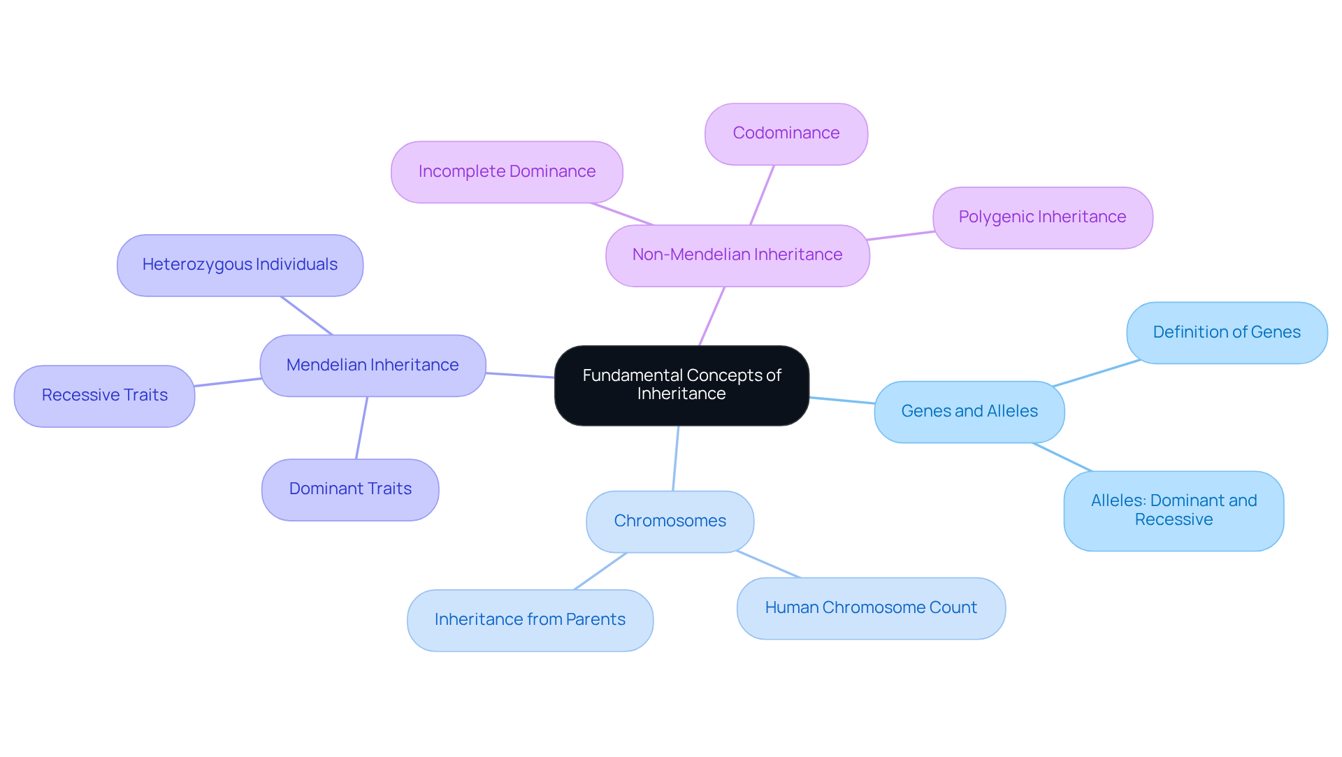 Start at the center with the main topic of inheritance. Follow the branches to explore each key concept and its details. The colors help distinguish between different areas of inheritance, making it easier to understand how they relate to one another.