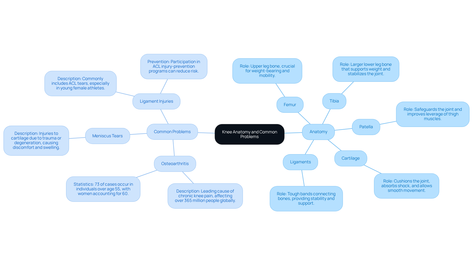 This mindmap starts with the knee's anatomy at the center, branching out to show how each part contributes to knee function. The second main branch highlights common problems, illustrating how these issues relate to the anatomy. Each branch provides a quick overview, helping you see the connections between structure and pain. This mindmap starts with the knee's anatomy at the center, branching out to show how each part contributes to knee function. The second main branch highlights common problems, illustrating how these issues relate to the anatomy. Each branch provides a quick overview, helping you see the connections between structure and pain.