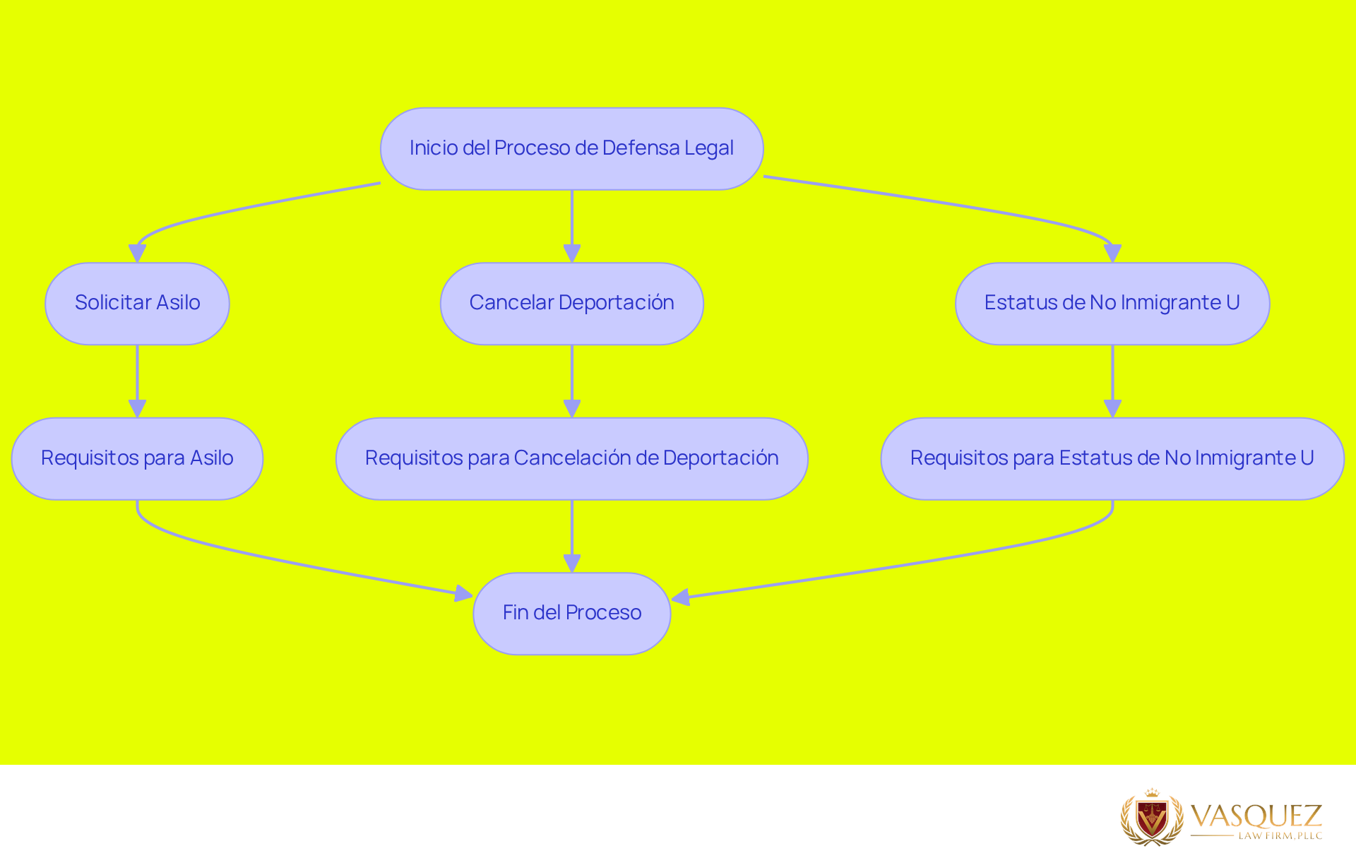 Cada cuadro representa una etapa o decisión en el proceso de defensa. Sigue las flechas para entender cómo avanzar en cada opción y qué pasos son necesarios para cada una.