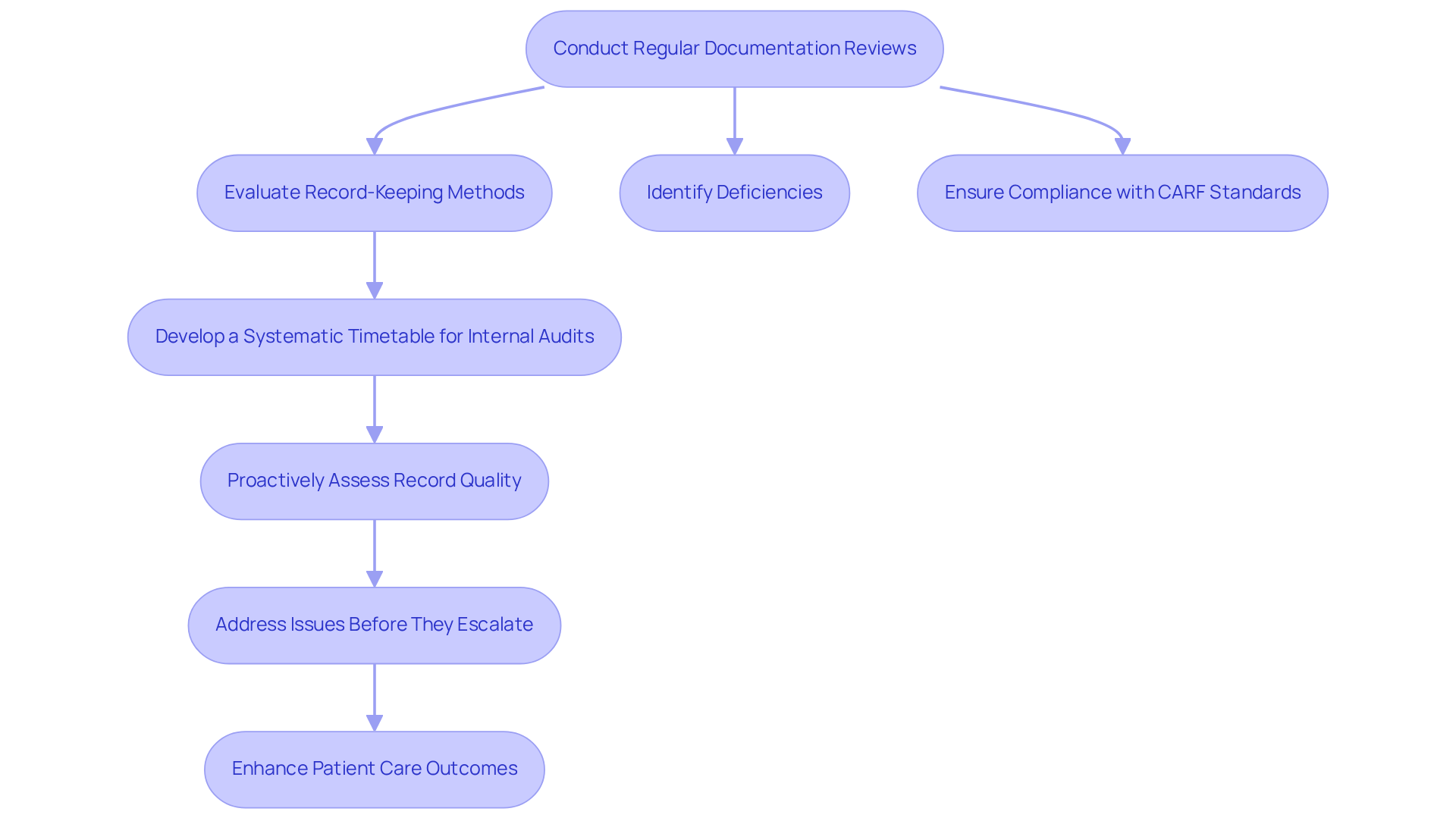 Follow the arrows to see how each step in the audit process connects. Starting with regular reviews, each action leads to better compliance and improved patient care.