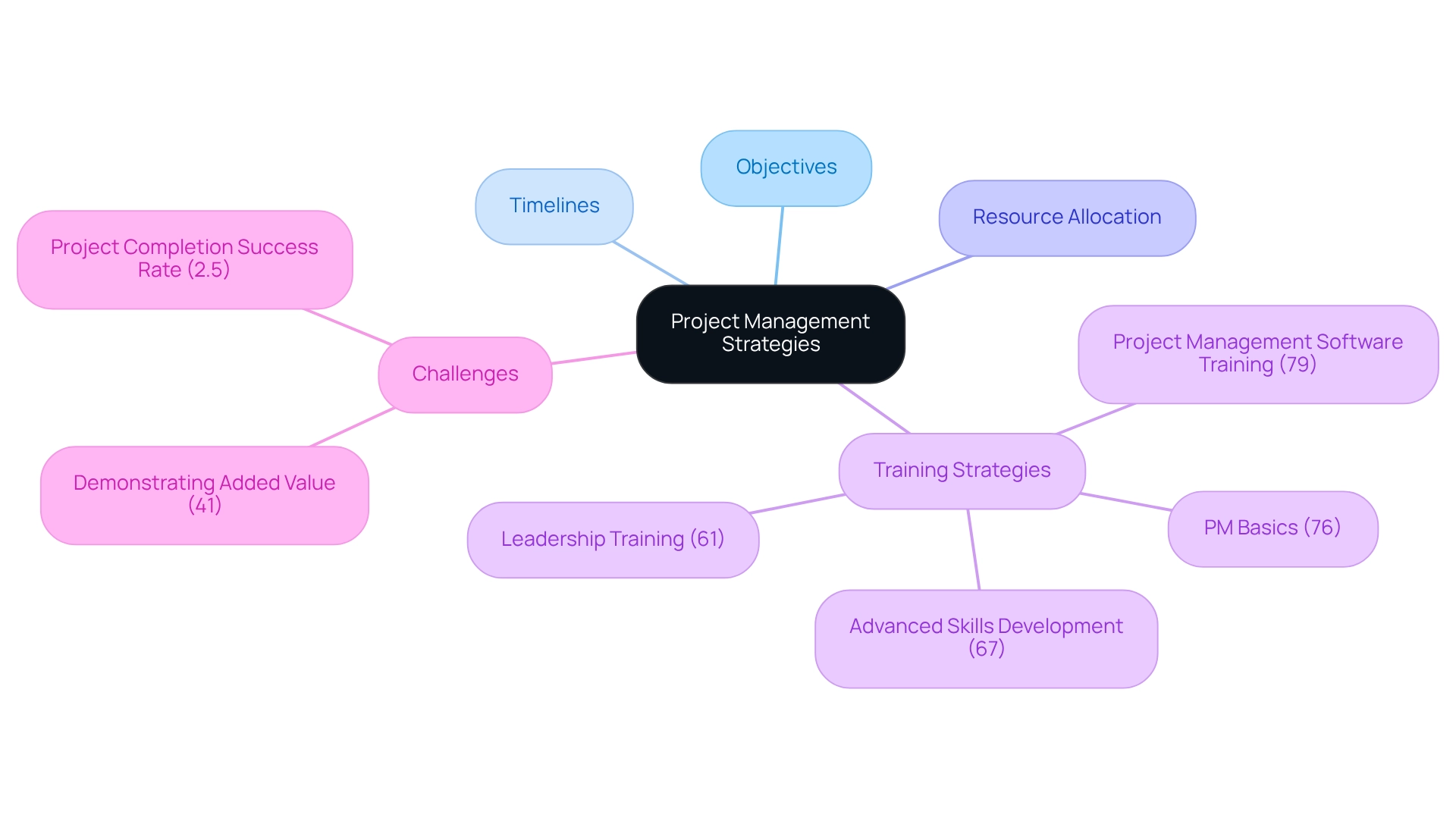 Begin at the center with the main strategies, and follow the branches to explore objectives, resource allocation, training methods, and the challenges faced in project management.