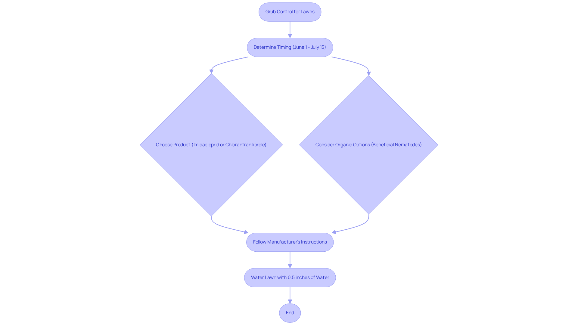 Follow the arrows to see the steps for effective grub control. Start with timing, choose your product, and remember to water your lawn after application for the best results!