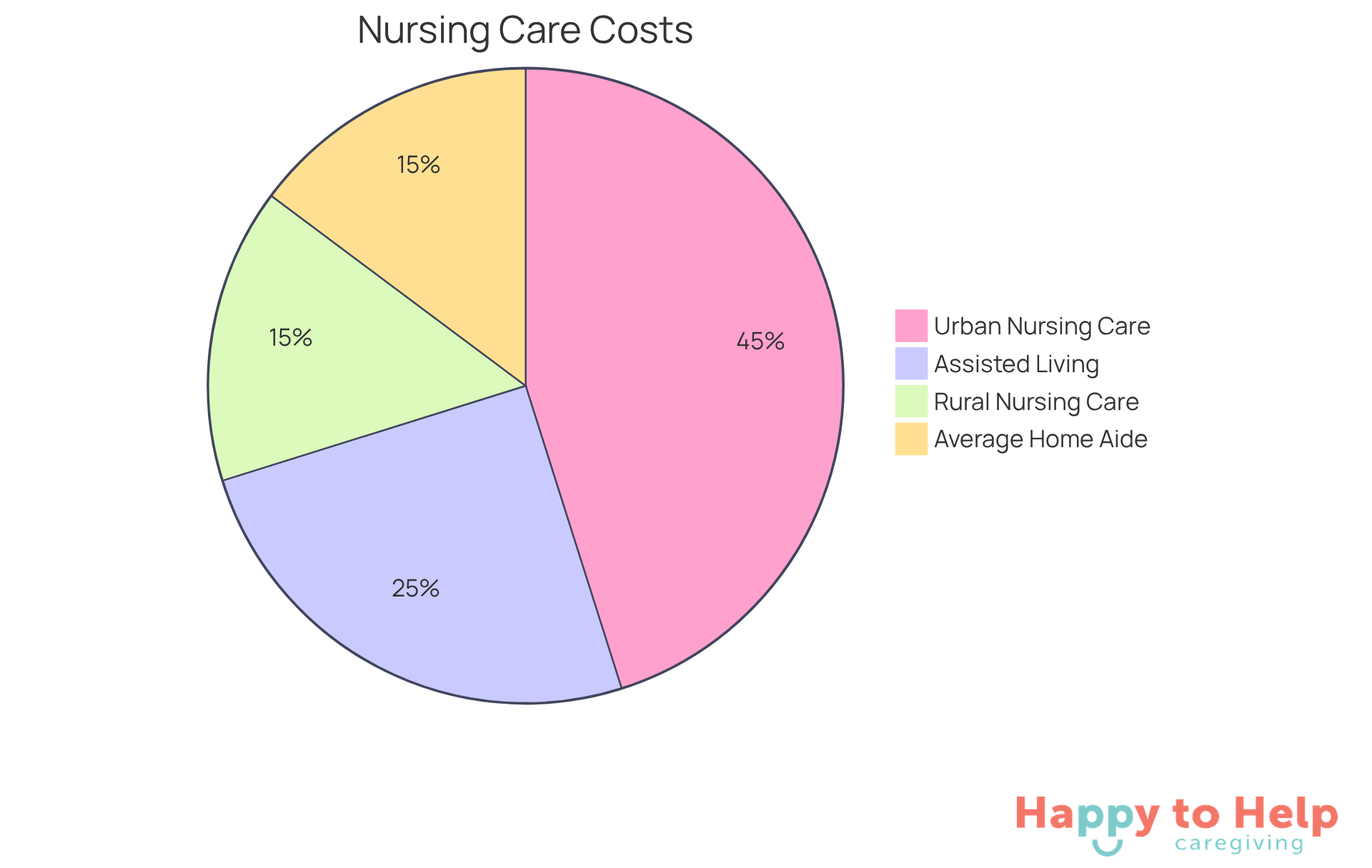 Each slice of the pie shows the cost range for different types of nursing care. The larger the slice, the more significant the cost in that category. This helps you see how urban and rural care costs compare, along with the average costs for home health aides and assisted living.