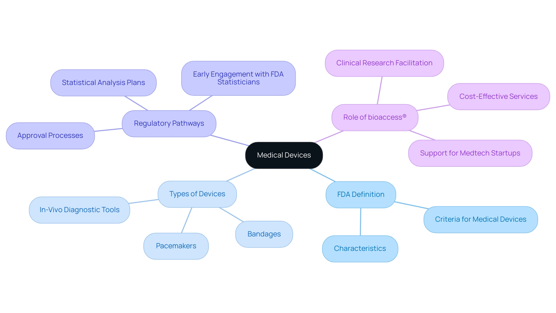 The central node represents 'Medical Devices,' with branches illustrating definitions, examples, pathways, and the role of facilitating companies.