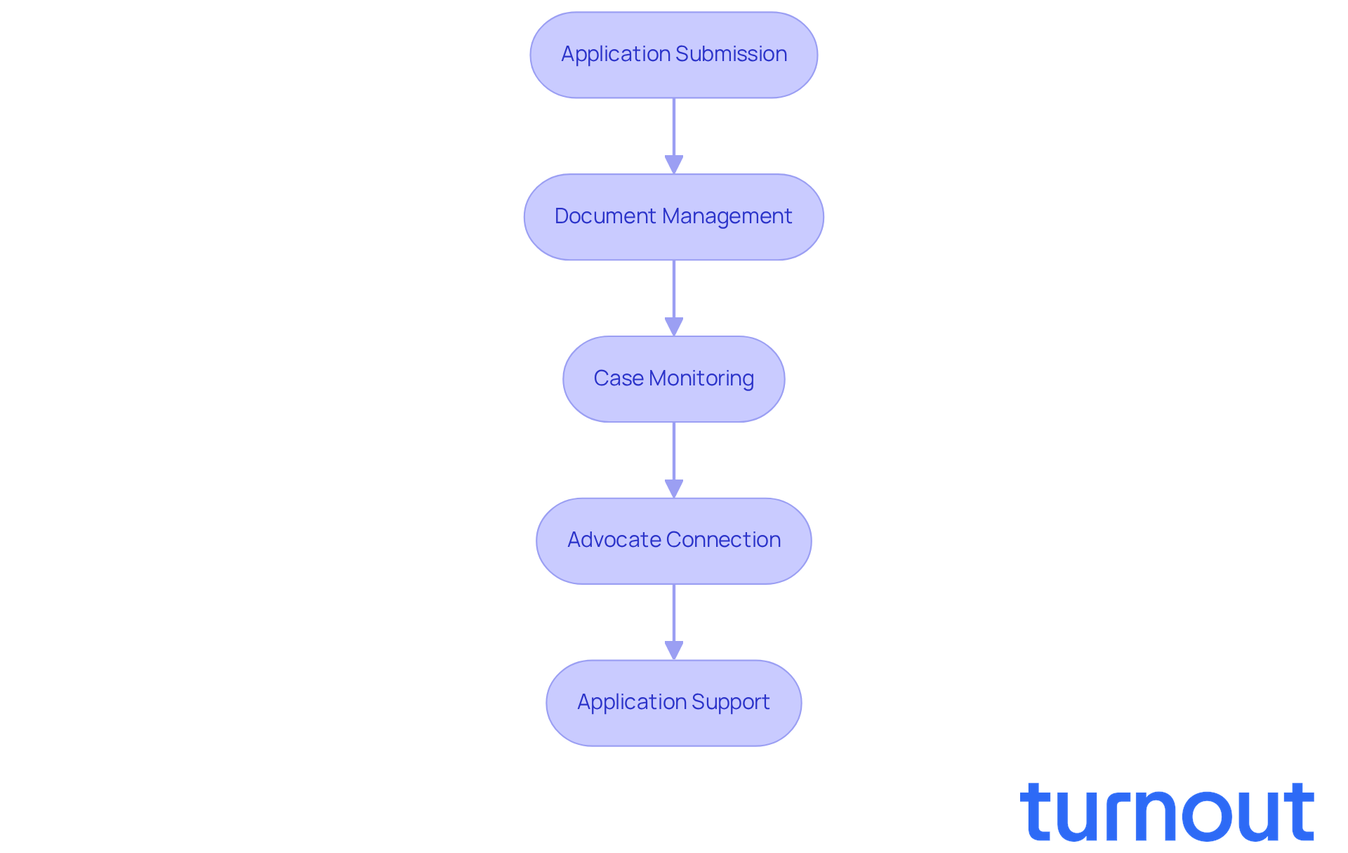 Each box represents a step in the process. Follow the arrows to see how Turnout helps you at each stage, from submitting your application to receiving support from advocates.