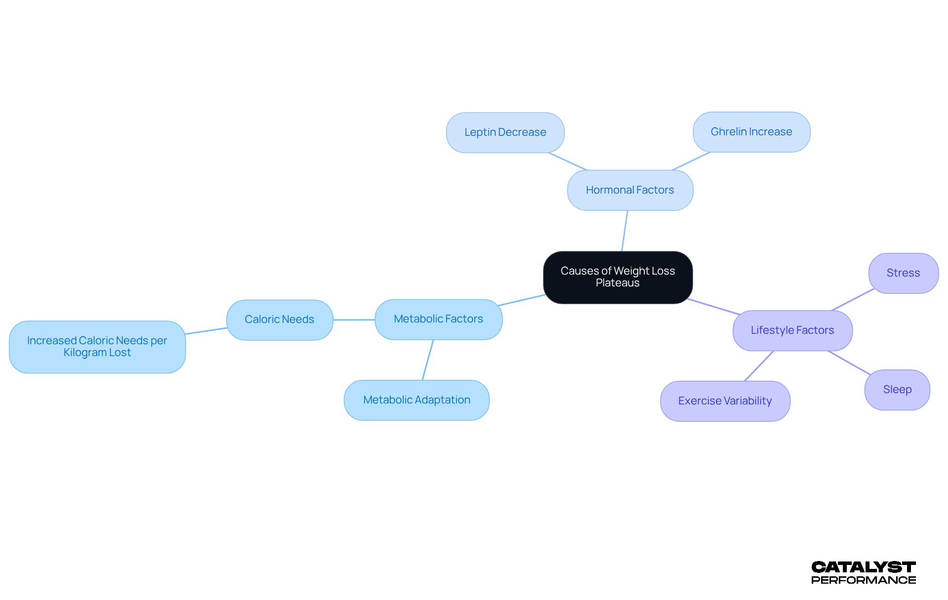 The central node represents the main topic, while the branches show the key causes of weight loss plateaus. Each branch breaks down into specific factors that contribute to the plateau, helping you understand the complexities involved. The central node represents the main topic, while the branches show the key causes of weight loss plateaus. Each branch breaks down into specific factors that contribute to the plateau, helping you understand the complexities involved.