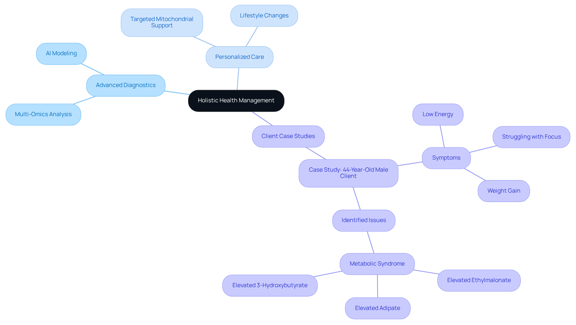 This mindmap starts with holistic health management at the center, branching out to show how different assessments and personalized care strategies work together to support lifelong wellness.