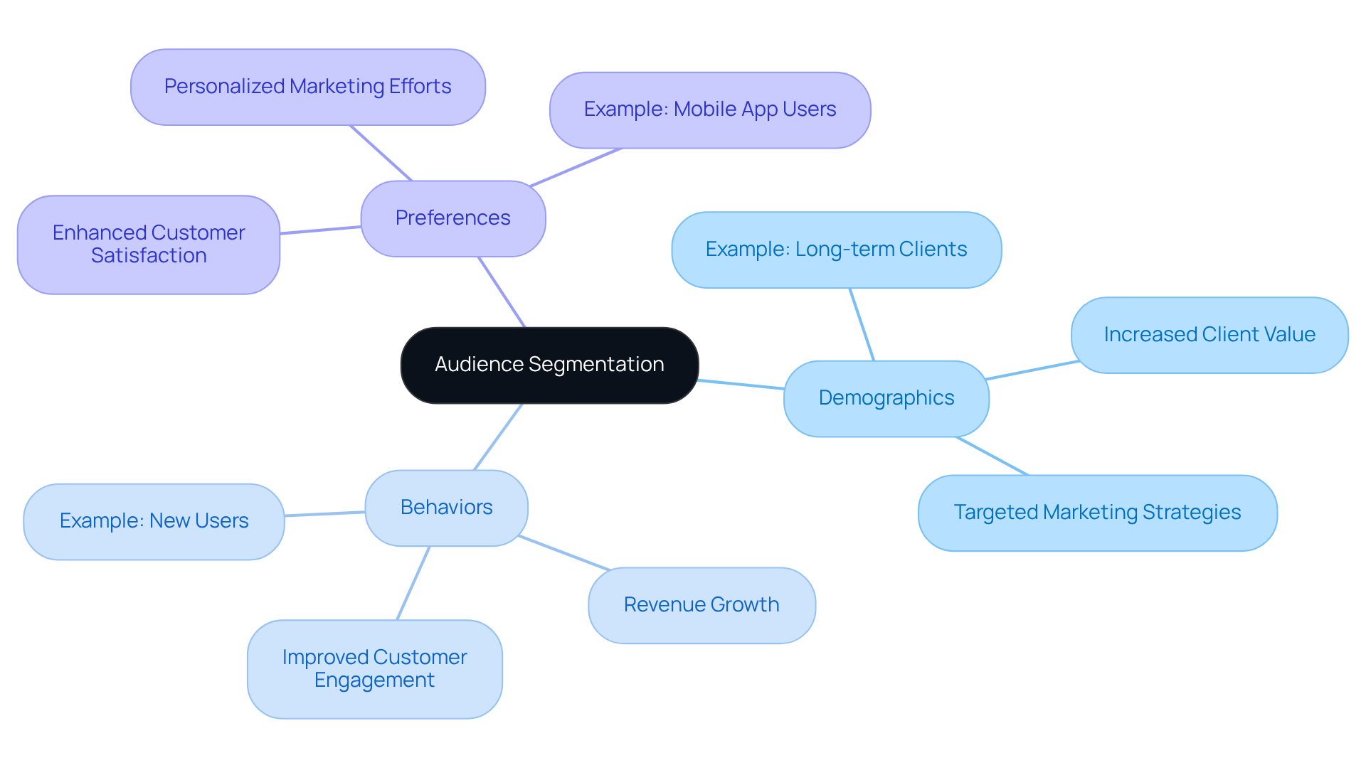 The central idea is audience segmentation, with branches showing different ways to categorize clients and the benefits of doing so. Each branch helps you see how understanding your audience can lead to better insights and improved business strategies.