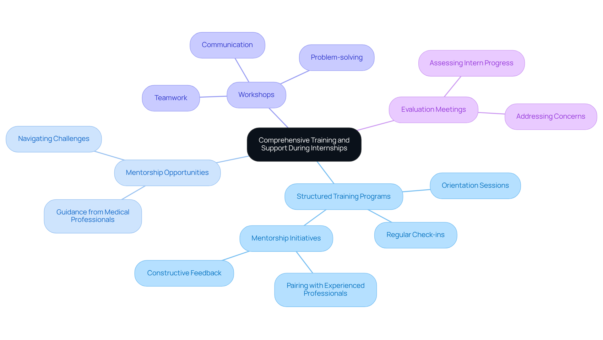 The central node represents the main goal of providing comprehensive support, while the branches show the different strategies and resources that contribute to achieving this goal.