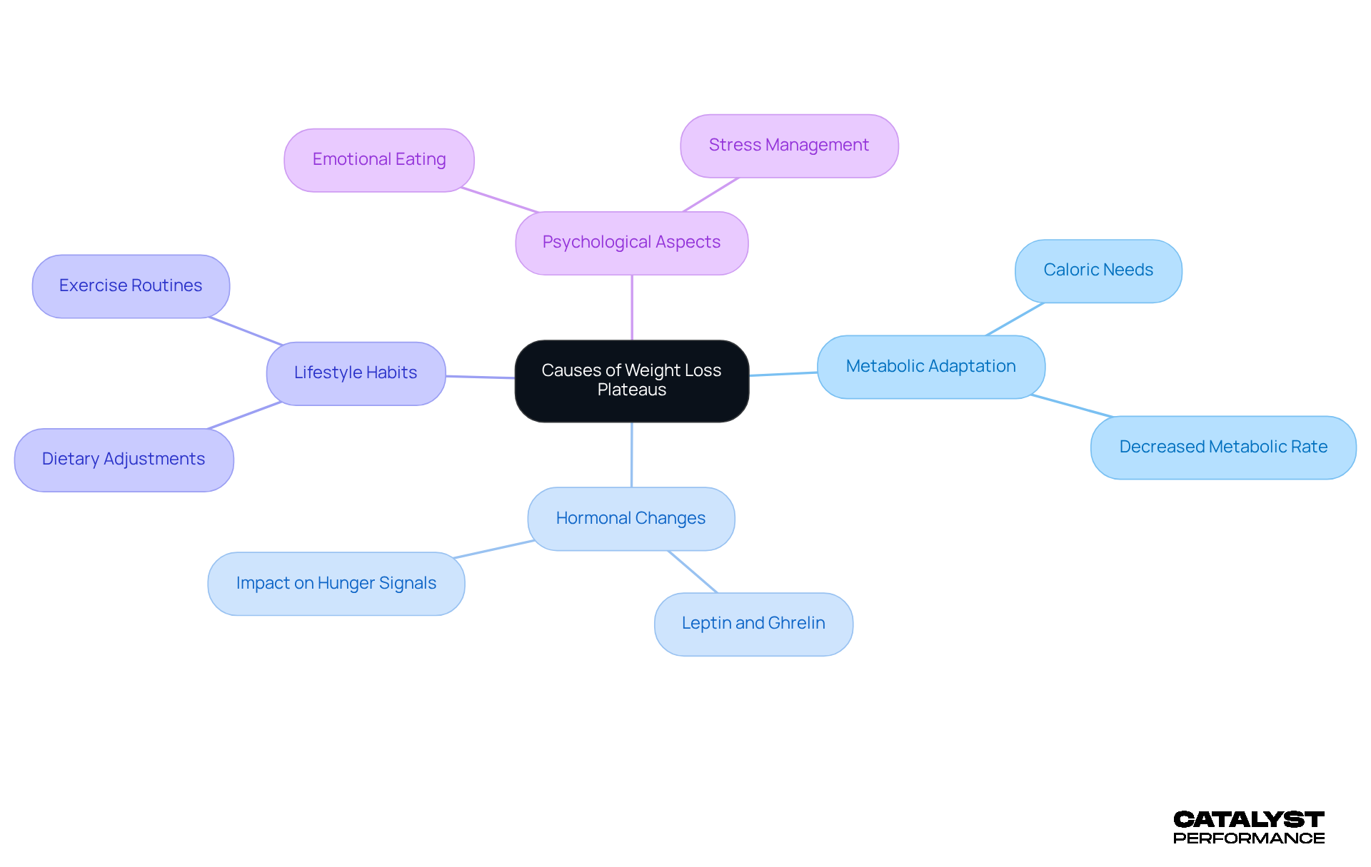 The central node represents the main topic, while the branches show different factors that can cause weight loss plateaus. Each sub-branch provides more detail about those factors, helping you see the bigger picture of what influences your [[weight loss journey](https://blog.catalystperformance.sg/overcome-weight-loss-has-stalled-strategies-for-lasting-success)](https://blog.catalystperformance.sg/overcome-weight-loss-has-stalled-strategies-for-lasting-success).