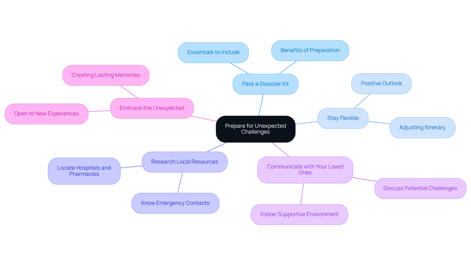 The center represents the main theme of preparation, while each branch shows a specific strategy. Follow the branches to explore tips that can help make your family adventure smoother and more enjoyable.