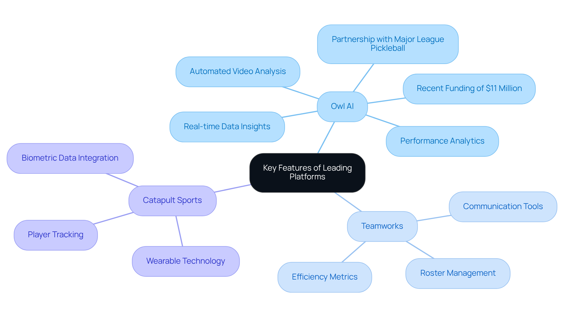 The central node represents the overall topic, while each branch shows a different platform. The sub-branches detail the unique features of each platform, helping you understand what makes them stand out. The central node represents the overall topic, while each branch shows a different platform. The sub-branches detail the unique features of each platform, helping you understand what makes them stand out.