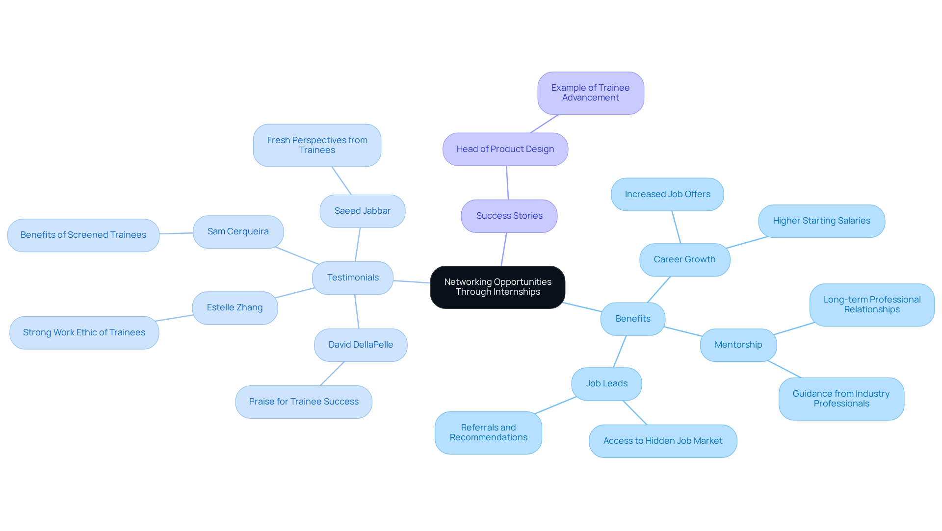 The central node represents the main theme of networking through internships, while branches show the benefits and testimonials from industry leaders, illustrating how these connections can shape a job seeker's career.