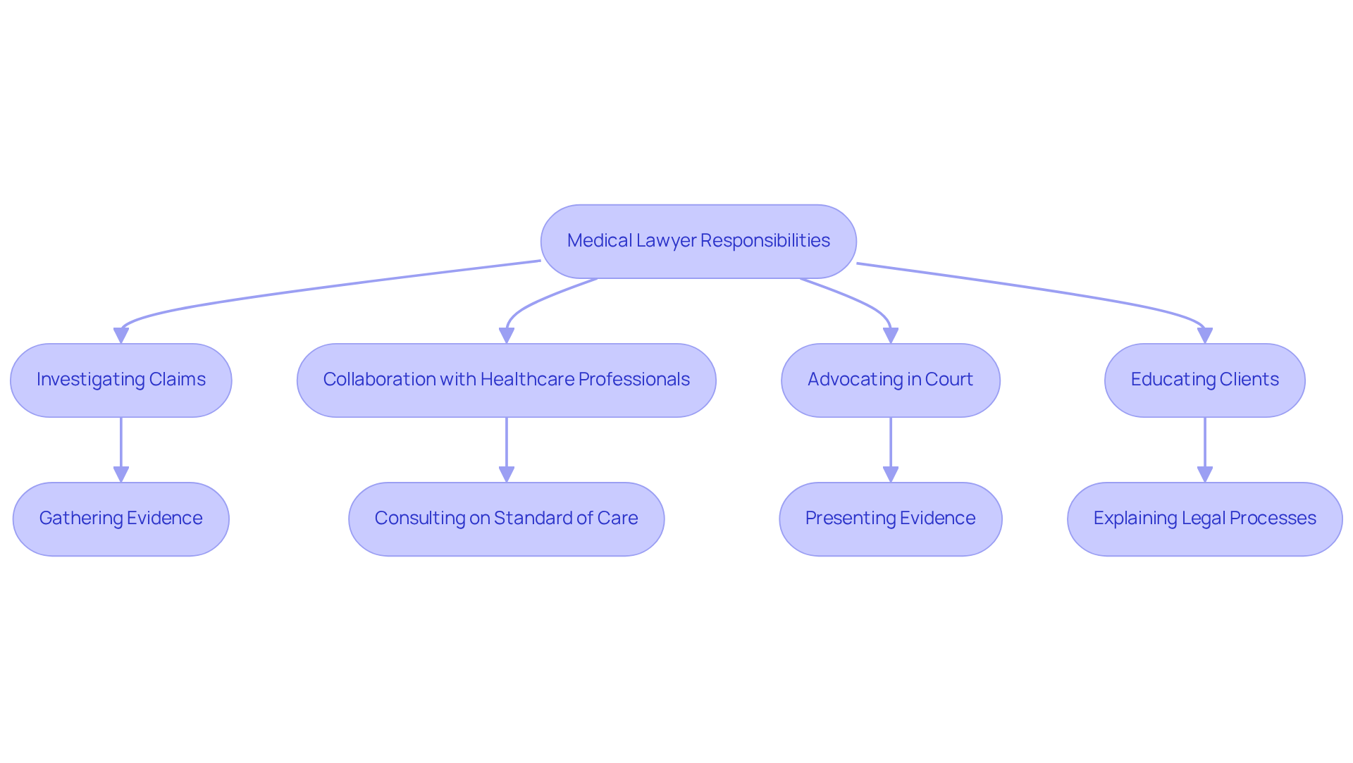 This flowchart shows the key responsibilities of a medical lawyer. Each box represents a major task they perform, and the arrows indicate how these tasks are connected in the process of advocating for clients. This flowchart shows the key responsibilities of a medical lawyer. Each box represents a major task they perform, and the arrows indicate how these tasks are connected in the process of advocating for clients.