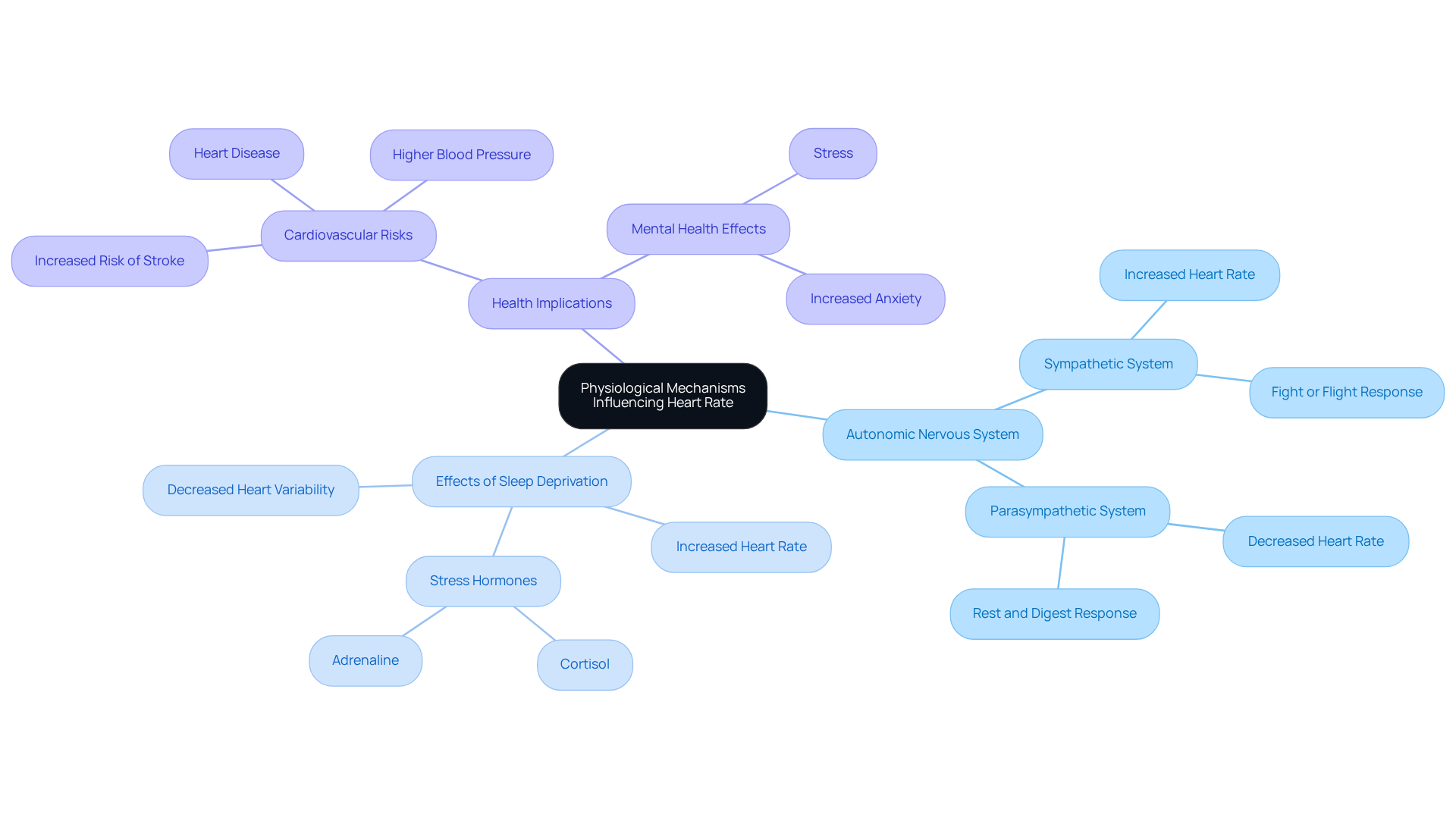 The central node represents the main topic, while branches show related concepts. Each color-coded branch helps you see how different factors like sleep and the nervous system affect heart rate.