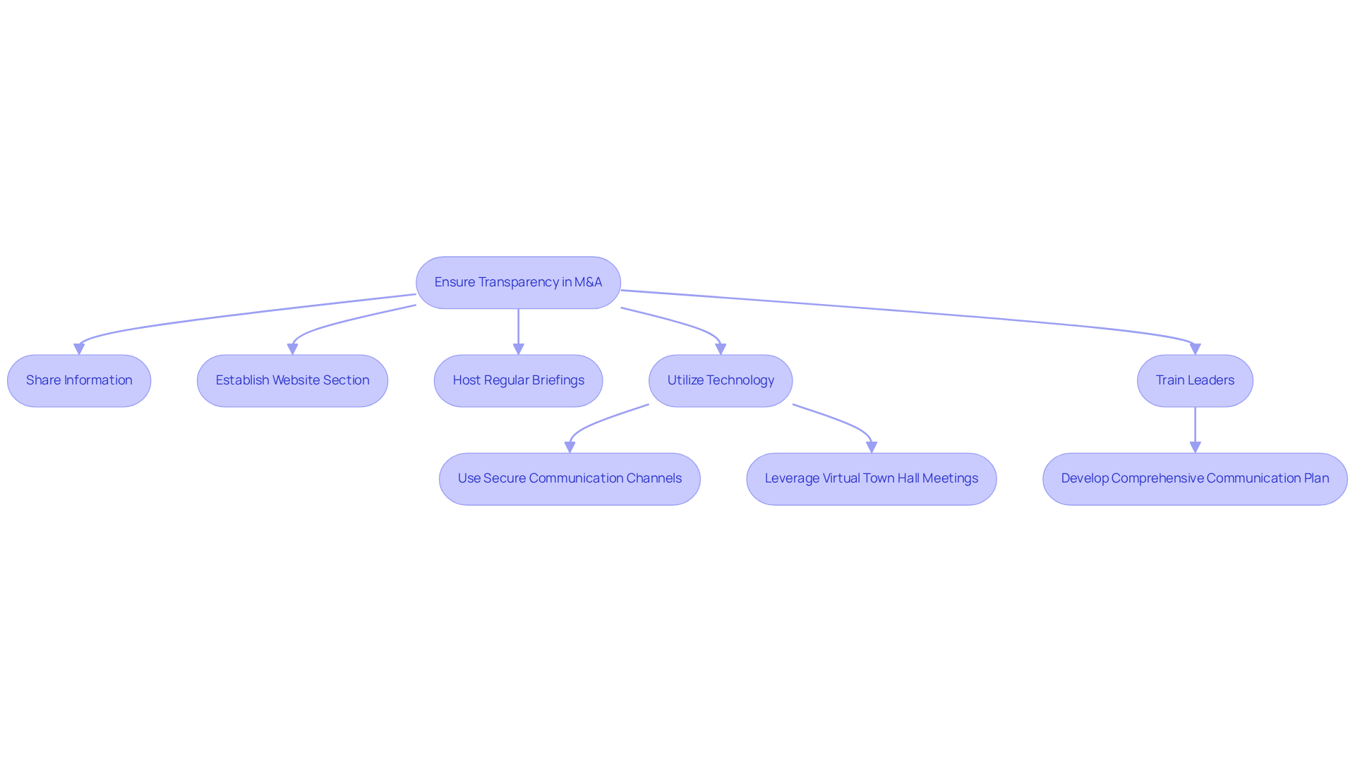 Follow the arrows to see how each action contributes to transparency in the M&A process. Each box represents a key strategy, and the sub-steps provide more detail on how to implement them.