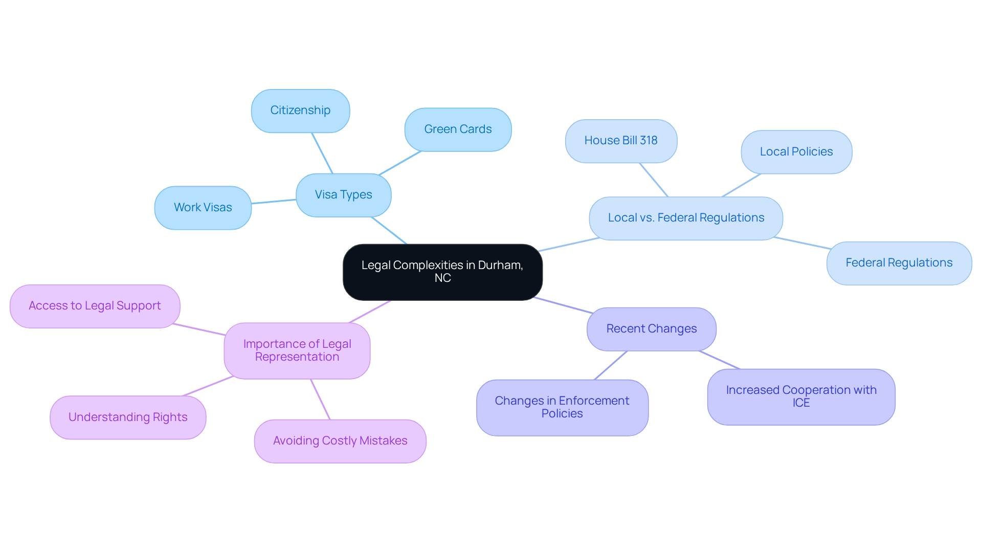 The central node represents the main topic, while branches show related areas of concern. Each color-coded branch helps you see how different aspects of immigration law connect to the overall theme.