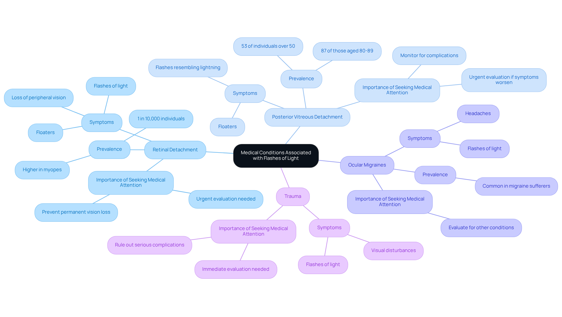 The center represents the main concern of seeing flashes of light. Each branch details a specific condition, and the sub-branches provide additional information to help you understand the importance of these conditions and why they matter.