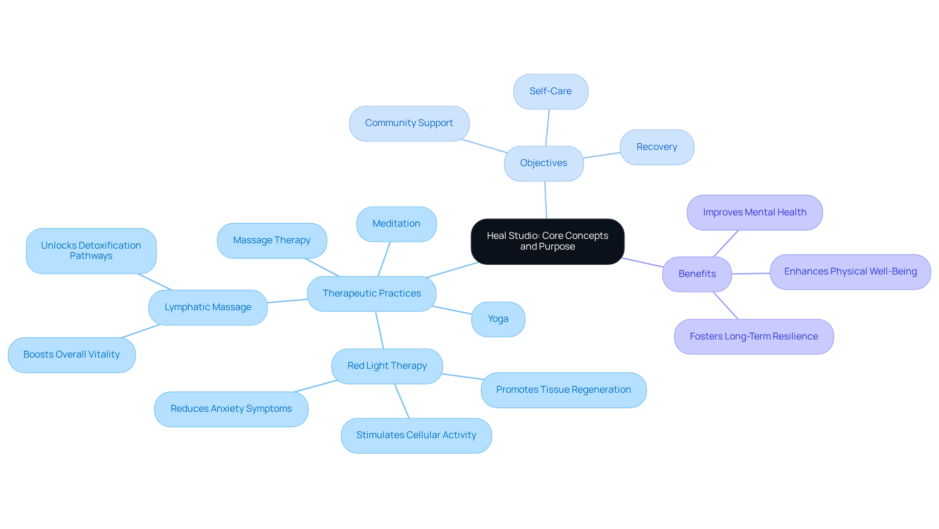 The center represents the Heal Studio, with branches showing various therapies and objectives. Each branch highlights how these elements contribute to holistic health and well-being. The center represents the Heal Studio, with branches showing various therapies and objectives. Each branch highlights how these elements contribute to holistic health and well-being.