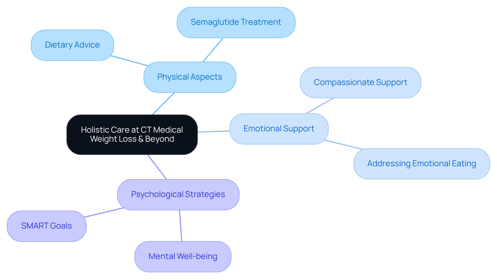 The central node represents the holistic care approach, while the branches show the different aspects involved in weight loss. Each sub-node provides specific strategies or considerations that contribute to a comprehensive weight management plan.