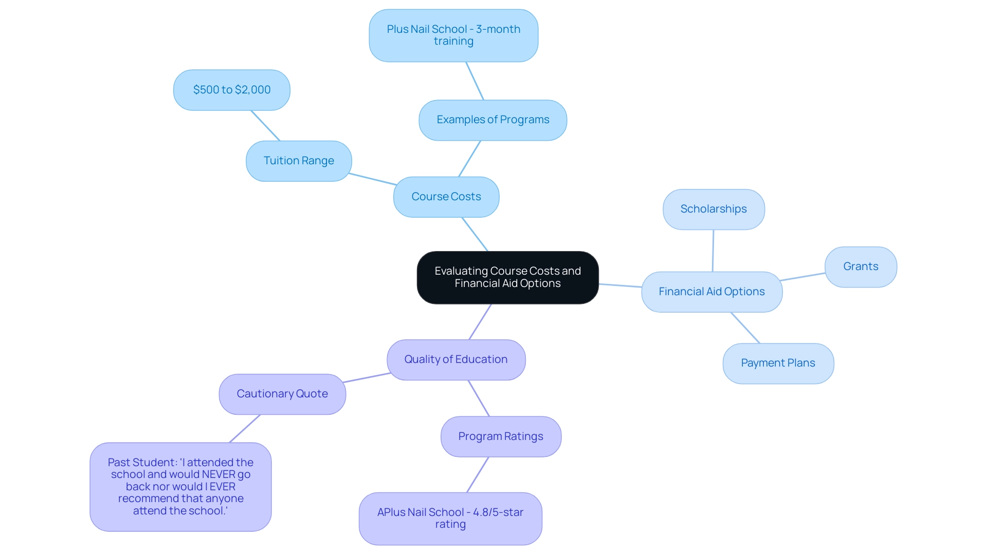 The central node represents the evaluation topic, with branches for costs, financial aid options, and quality. Each branch's color differentiates the main categories.