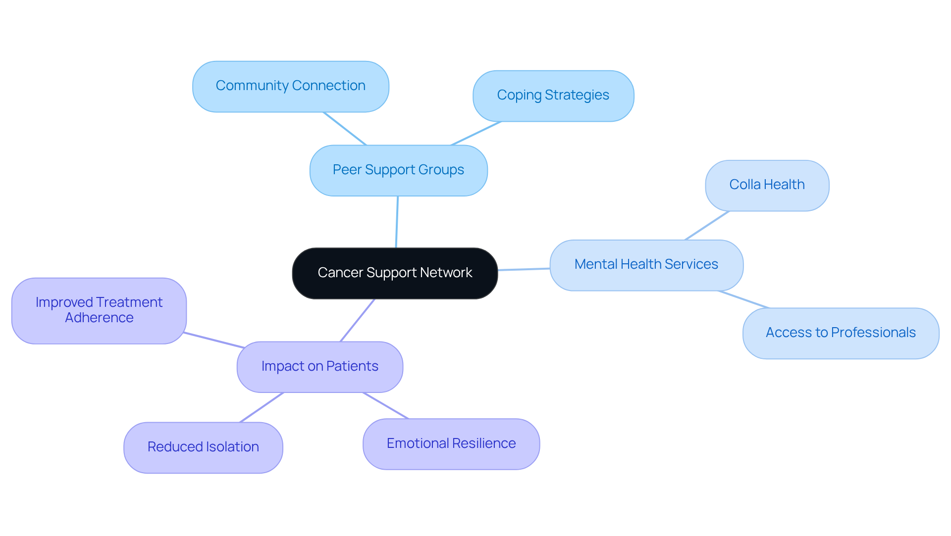 The center represents the Cancer Support Network, with branches showing how peer support and mental health services work together to improve patients' emotional resilience and well-being.