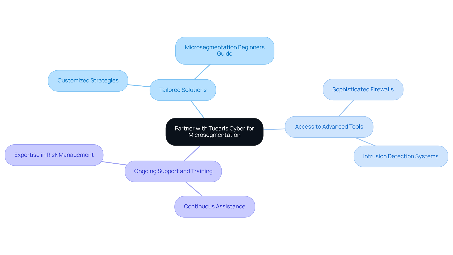 The central node represents the main idea of partnering with Tuearis Cyber, while the branches illustrate the key benefits. Each sub-branch provides more detail about what each benefit entails, making it easy to understand the advantages of this collaboration.