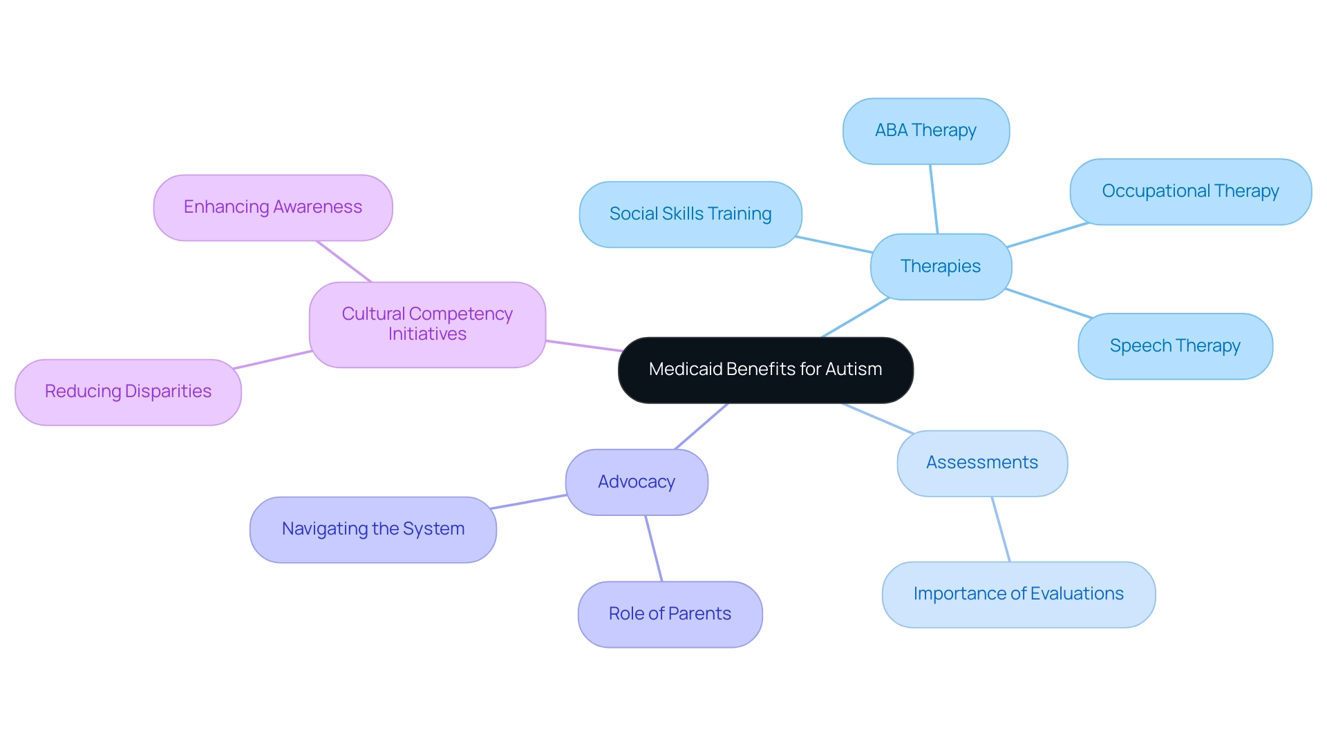 Each branch represents a category of benefits or services, with color coding to differentiate between therapies, assessments, and advocacy efforts.