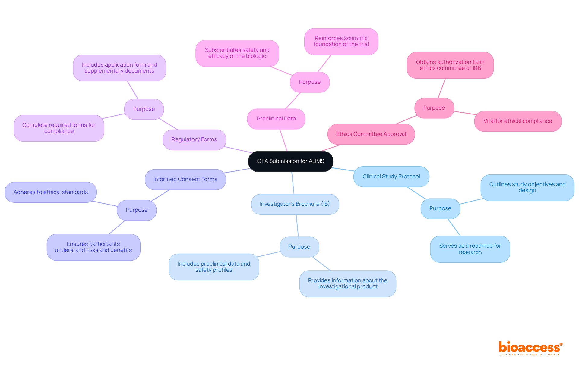 The central node represents the CTA submission process, while each branch shows a required document. The descriptions help clarify the role of each document in ensuring a successful submission.