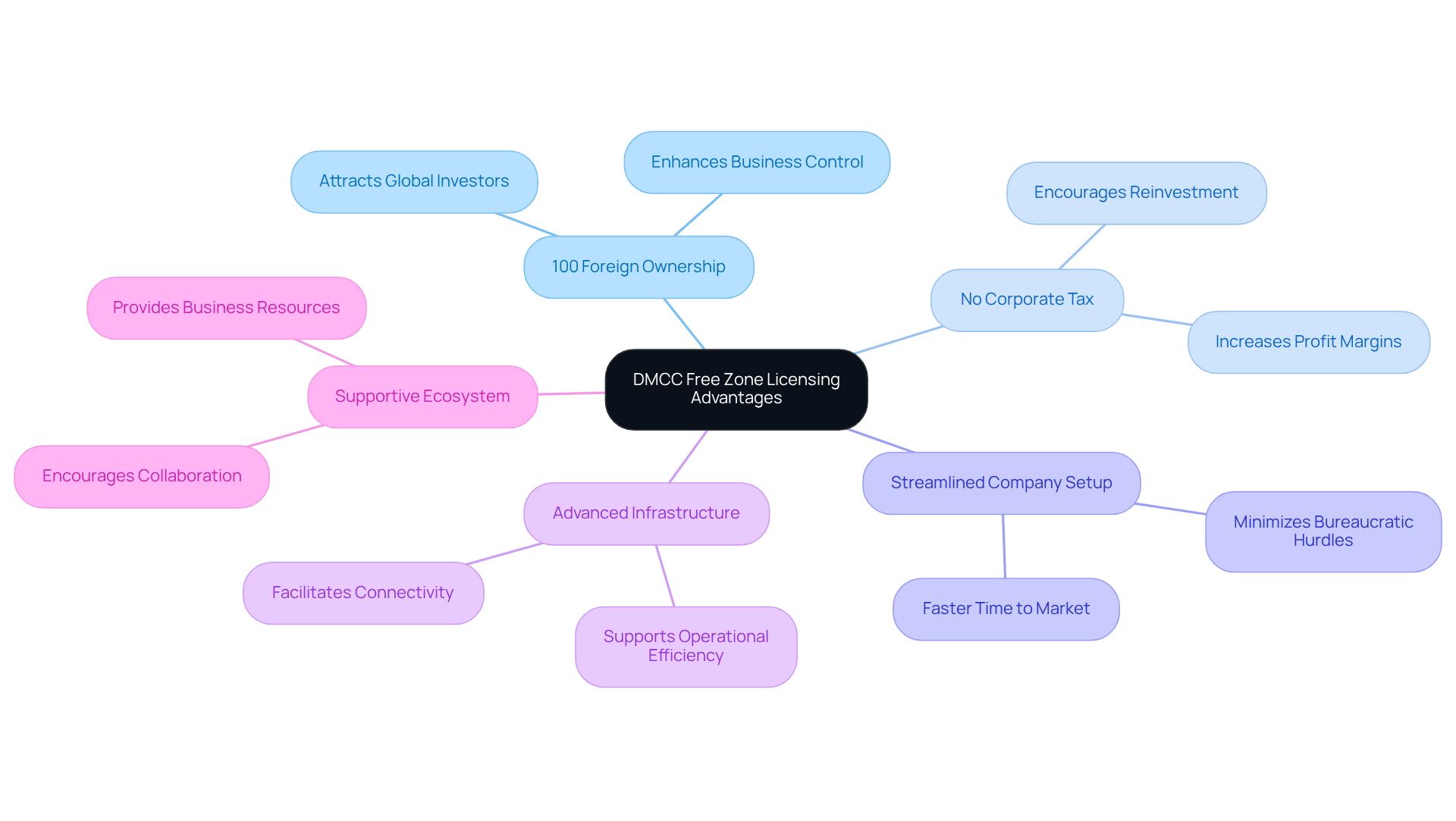 The central node represents the main topic, while each branch highlights a specific advantage. Follow the branches to see how each benefit contributes to a favorable business environment.
