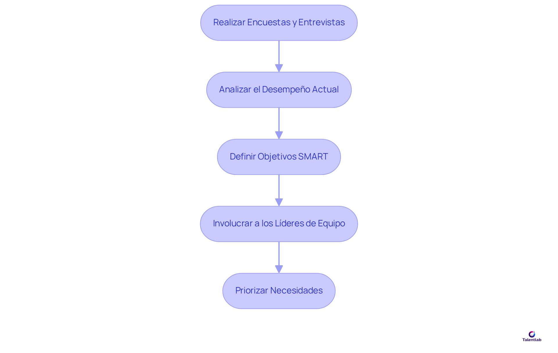 Cada caja representa un paso en el proceso de identificación de necesidades. Sigue las flechas para entender cómo cada etapa se relaciona con la siguiente y contribuye al desarrollo efectivo del talento.